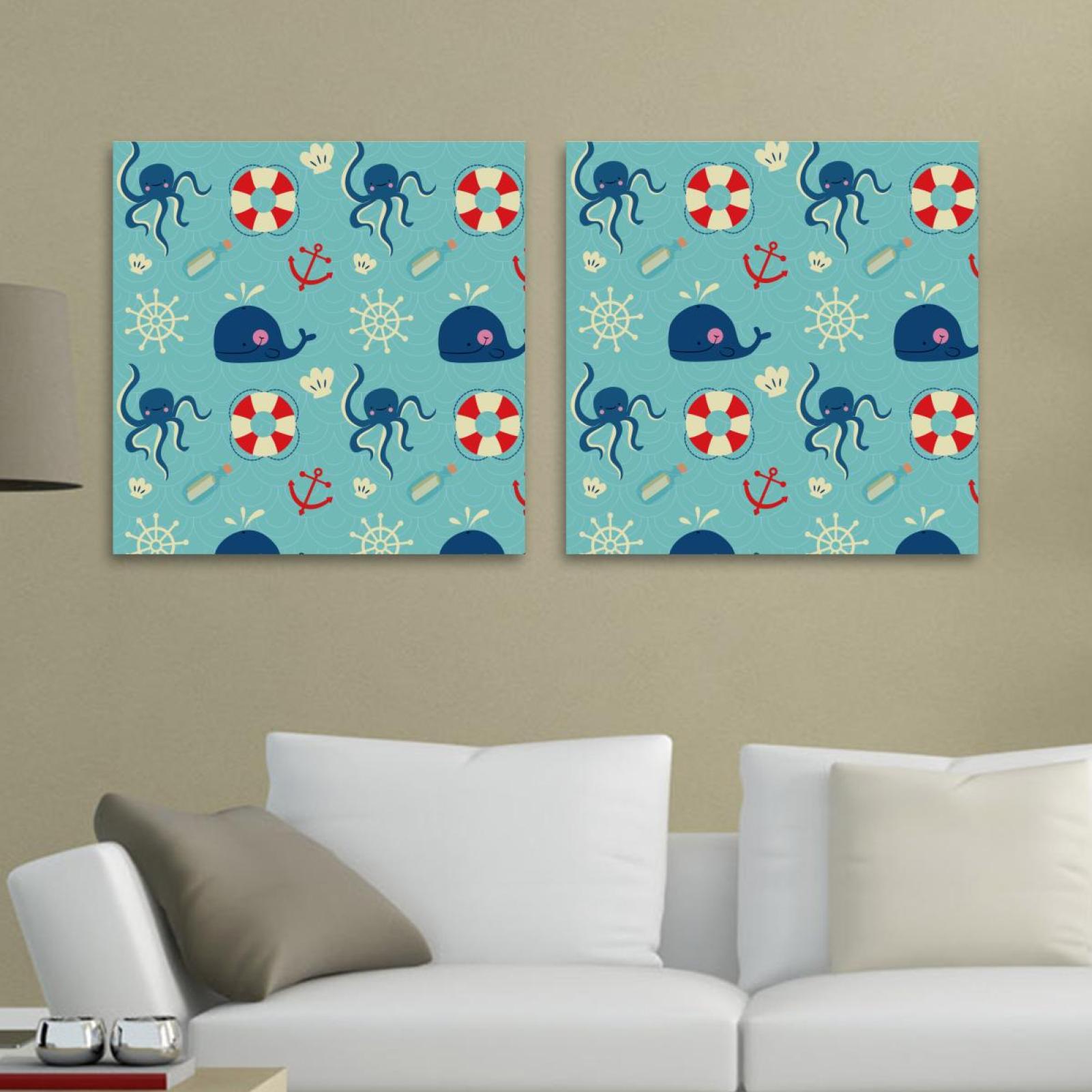 OWNSERIES Octopus Whales Compass Lifebelt Pattern 2PC Canvas Wall Art ...