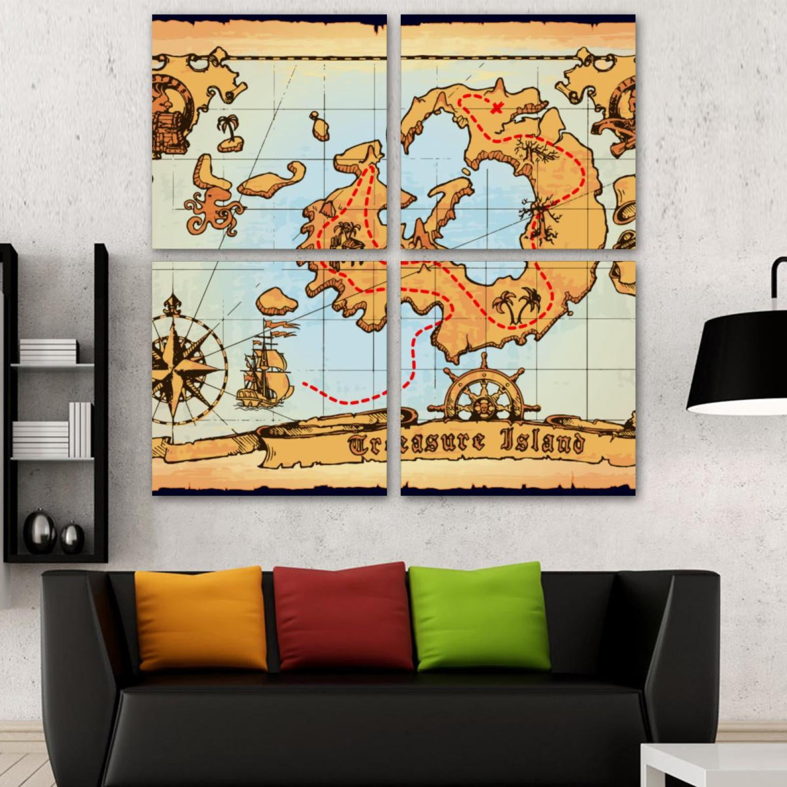 OWNSERIES Old Pirate Map Pattern 4PC Frameless Canvas Wall Art ...