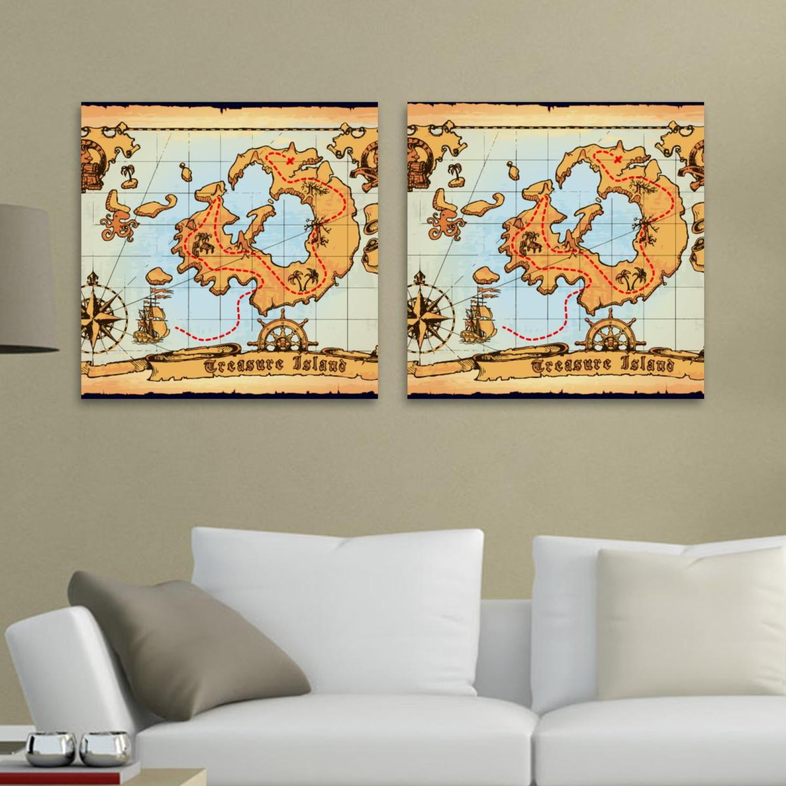 OWNSERIES Old Pirate Map Skull Island Treasure Pattern 2PC Canvas Wall ...