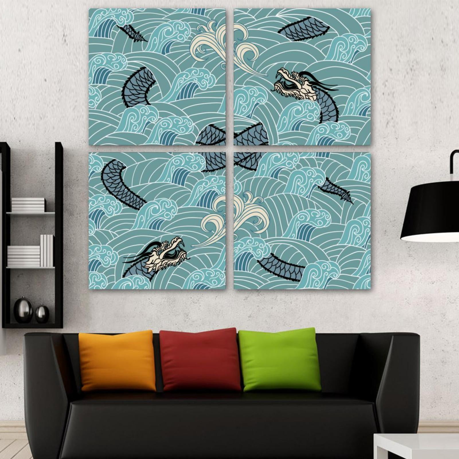 OWNSERIES Oriental Blue Dragon in Wave Pattern 4PC Frameless Canvas ...