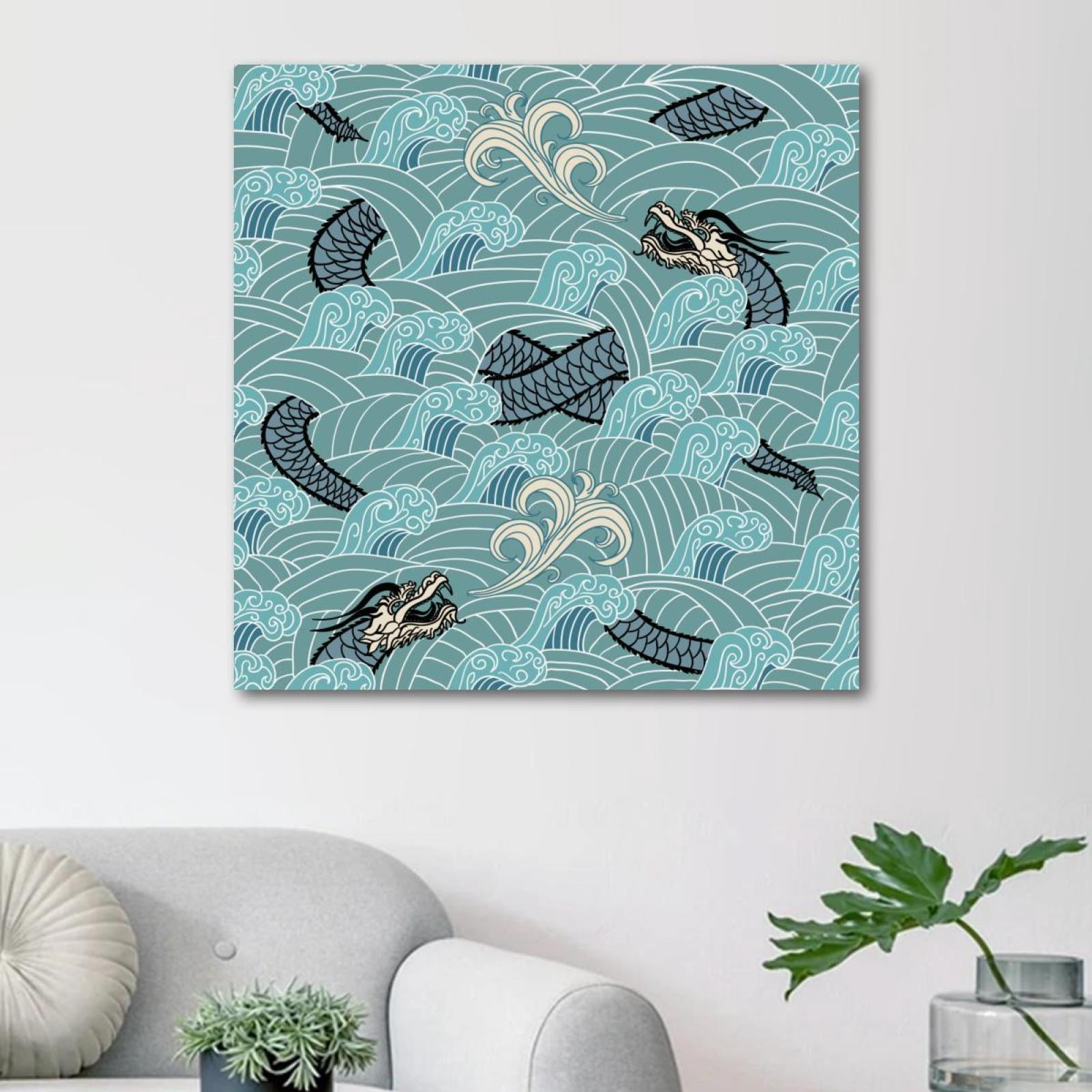 OWNSERIES Oriental Blue Dragon in Wave Pattern Canvas Wall Art ...