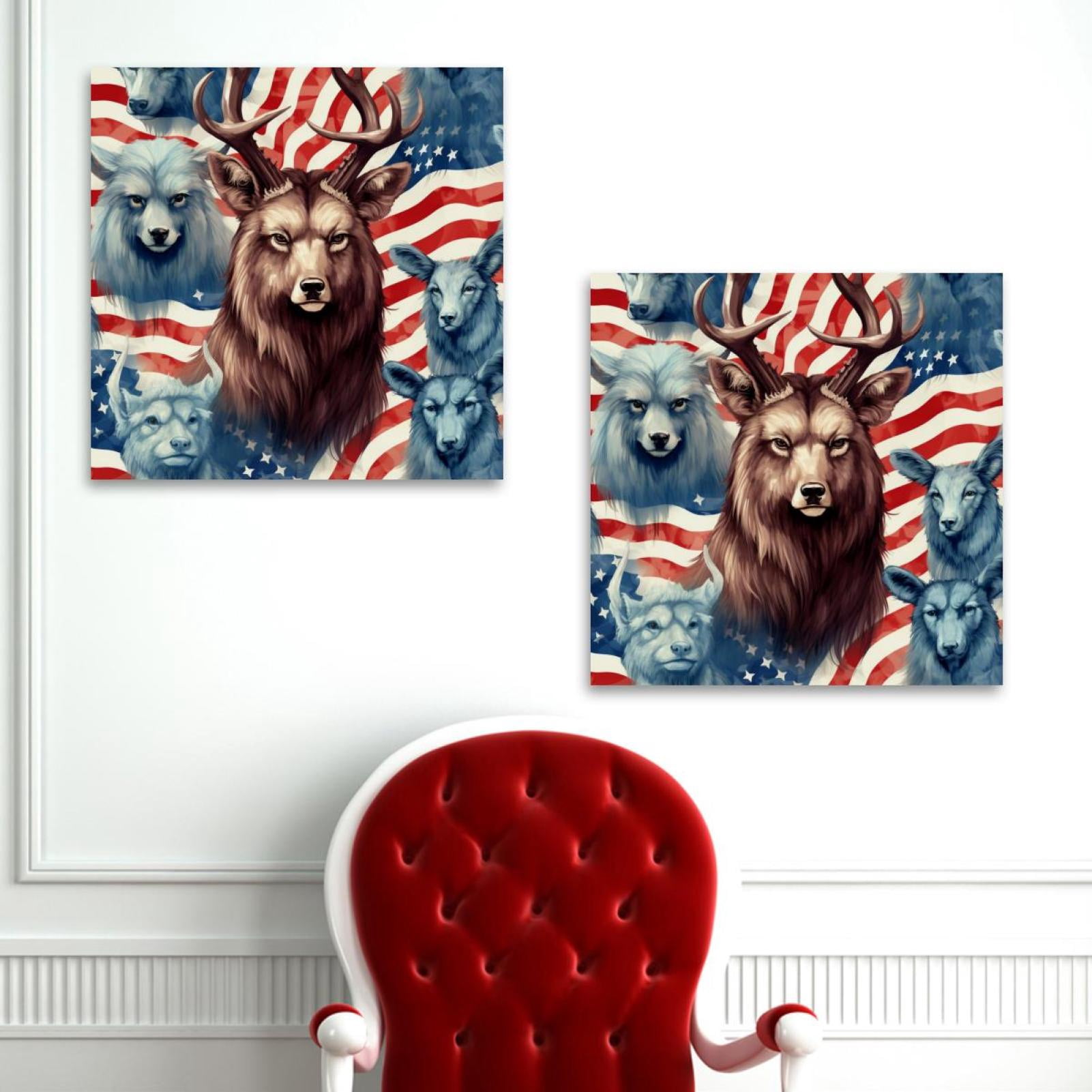 OWNSERIES Pattern of Animals with American Flag Pattern 2PC Canvas Wall ...