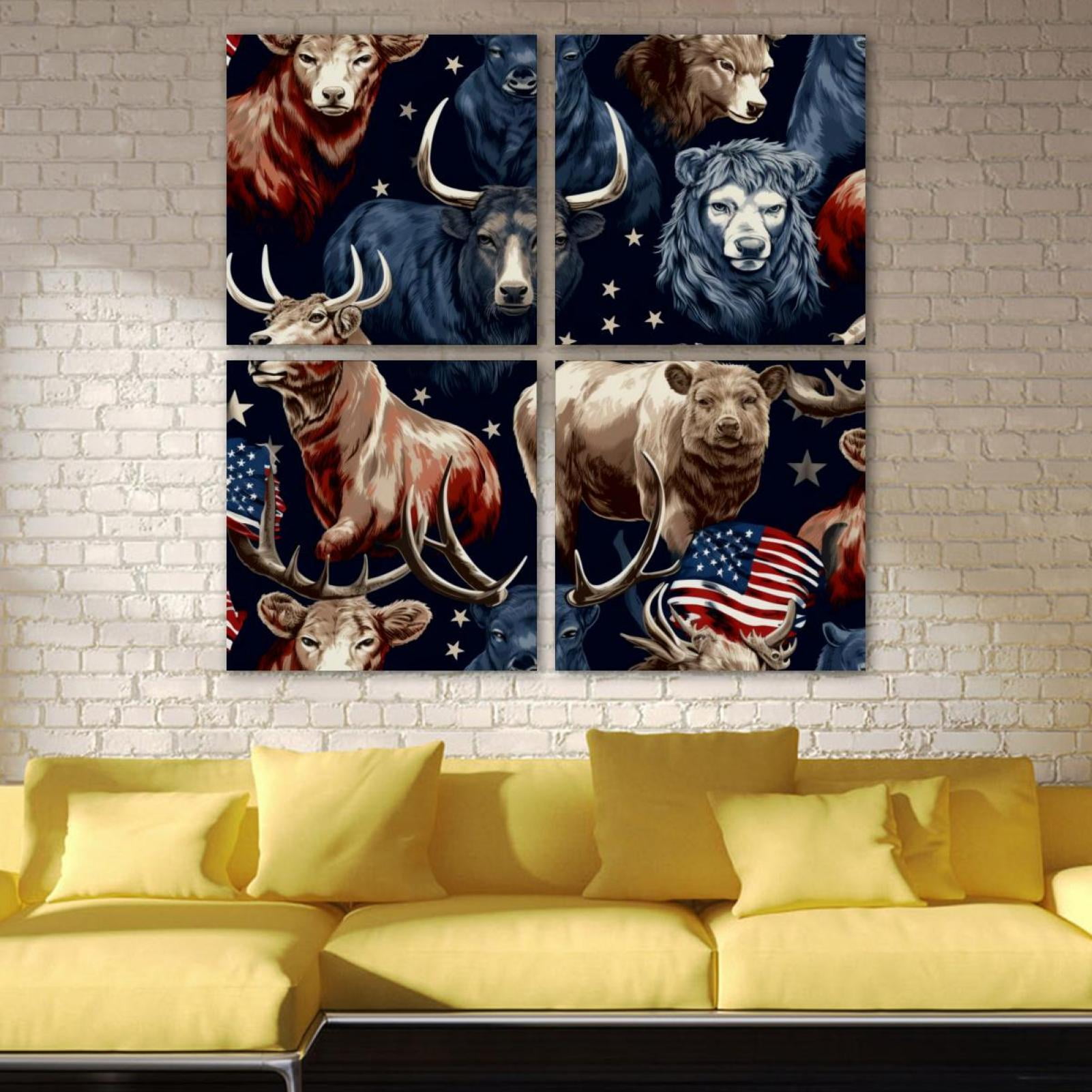 OWNSERIES Pattern of Animals with American Flag Pattern 4PC Frameless ...