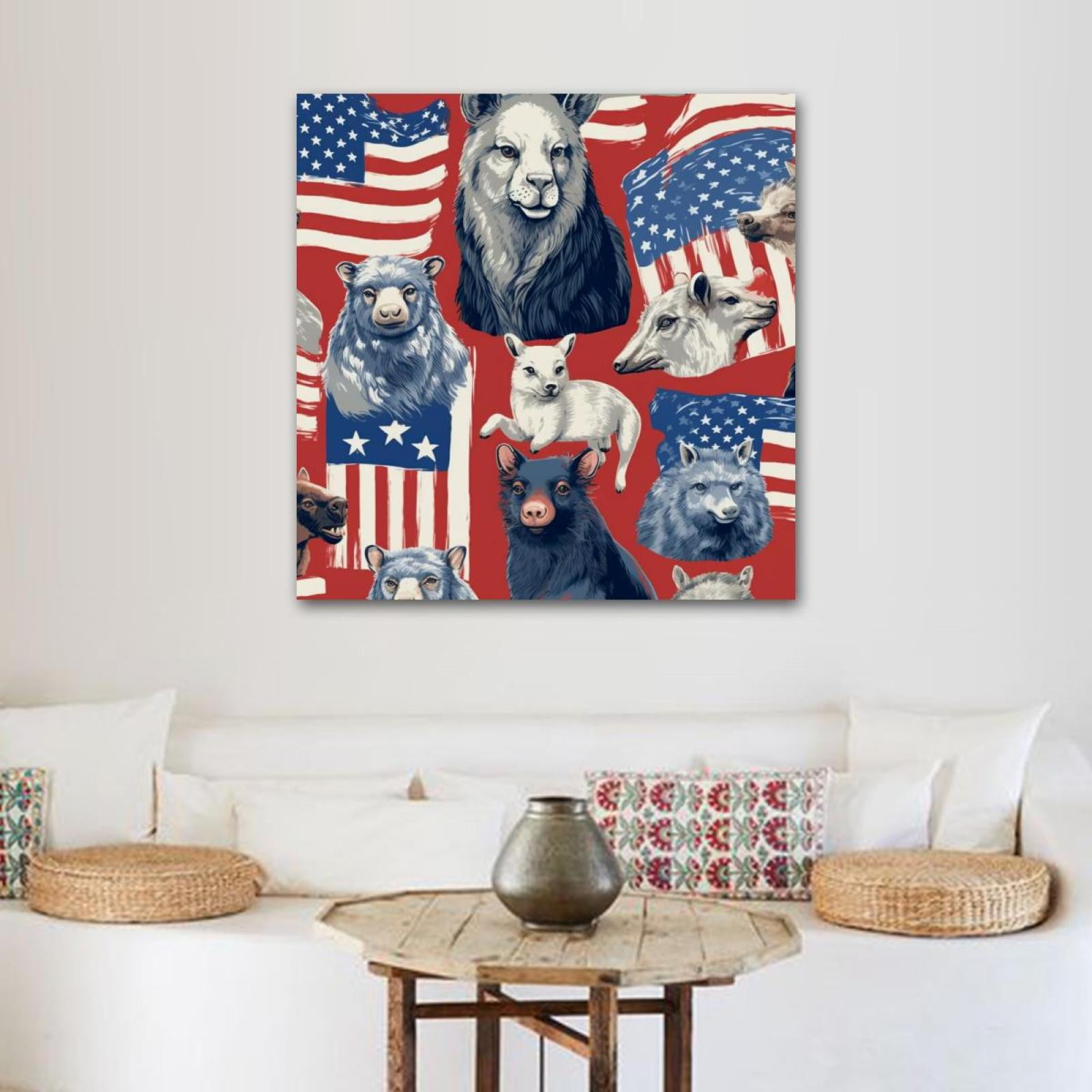 OWNSERIES Pattern of Animals with American Flag Pattern Canvas Wall Art ...