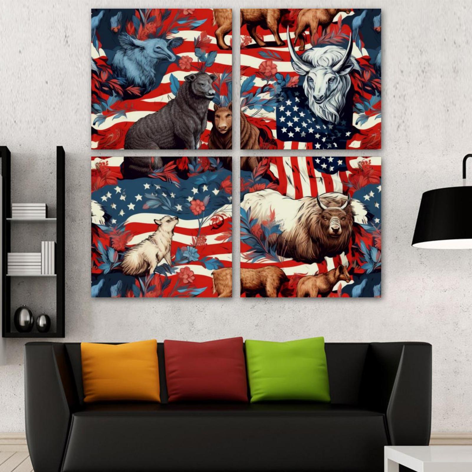 OWNSERIES Pattern of Animals with American Flag Pattern 4PC Frameless ...