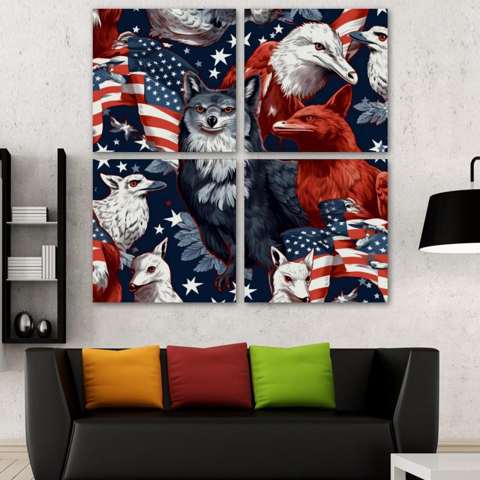 OWNSERIES Pattern of Animals with American Flag Pattern 4PC Frameless ...