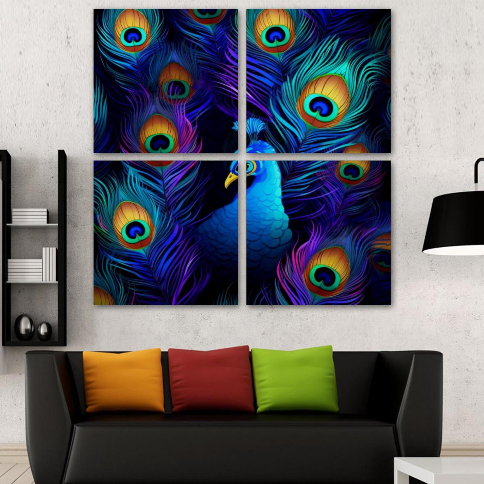 OWNSERIES Peacock Feather Pattern Pattern 4PC Frameless Canvas Wall Art ...