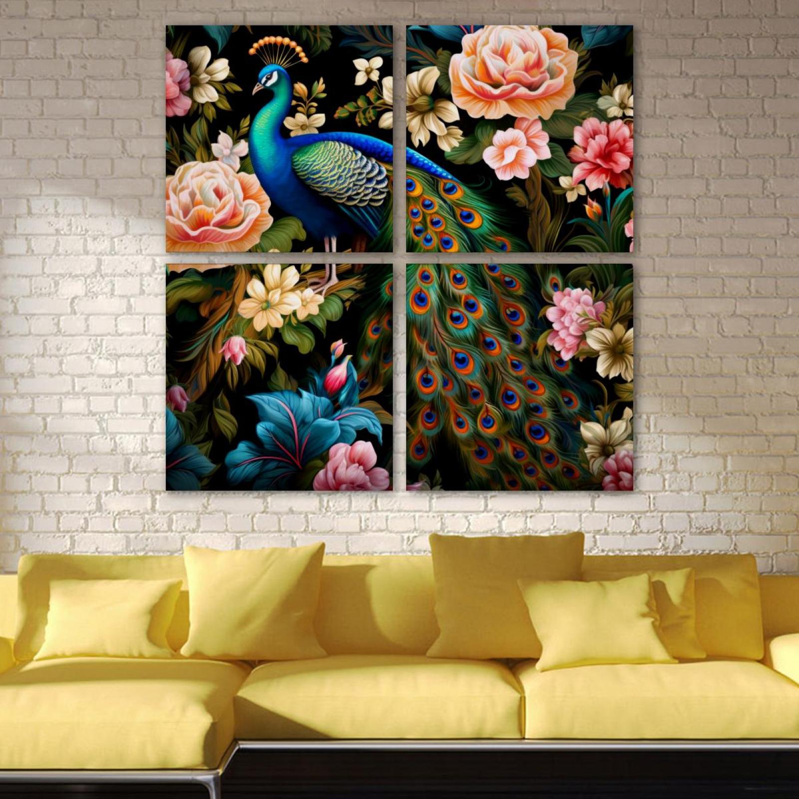 OWNSERIES Peacock Pattern 4PC Frameless Canvas Wall Art Paintings for Living Room Canvas Print ...