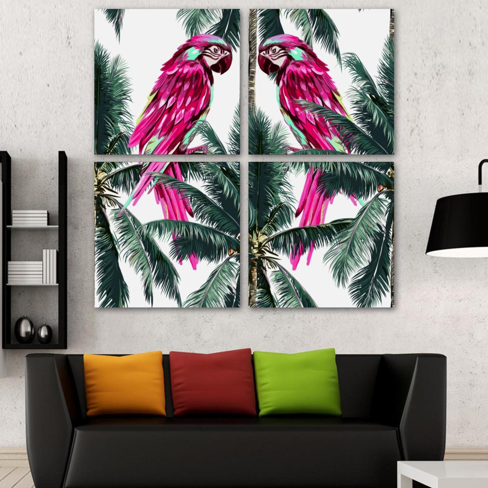 OWNSERIES Pink Parrots on Branch Pattern 4PC Frameless Canvas Wall Art Paintings for Living Room ...