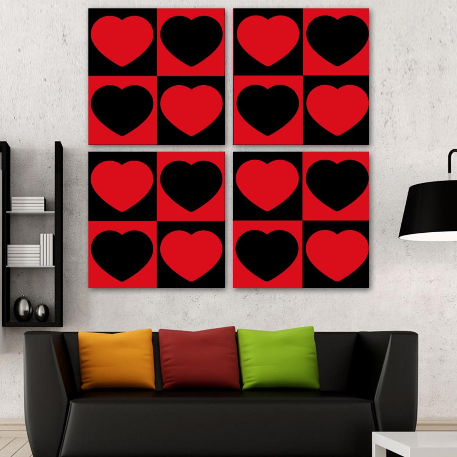 OWNSERIES Red Black Love Heart Pattern Pattern 4PC Frameless Canvas ...