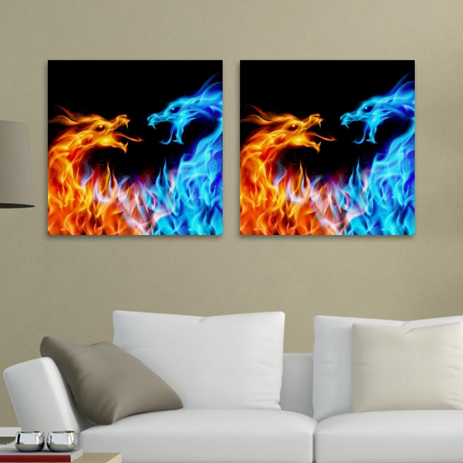 OWNSERIES Red Blue Fire Dragon Pattern 2PC Canvas Wall Art Paintings ...
