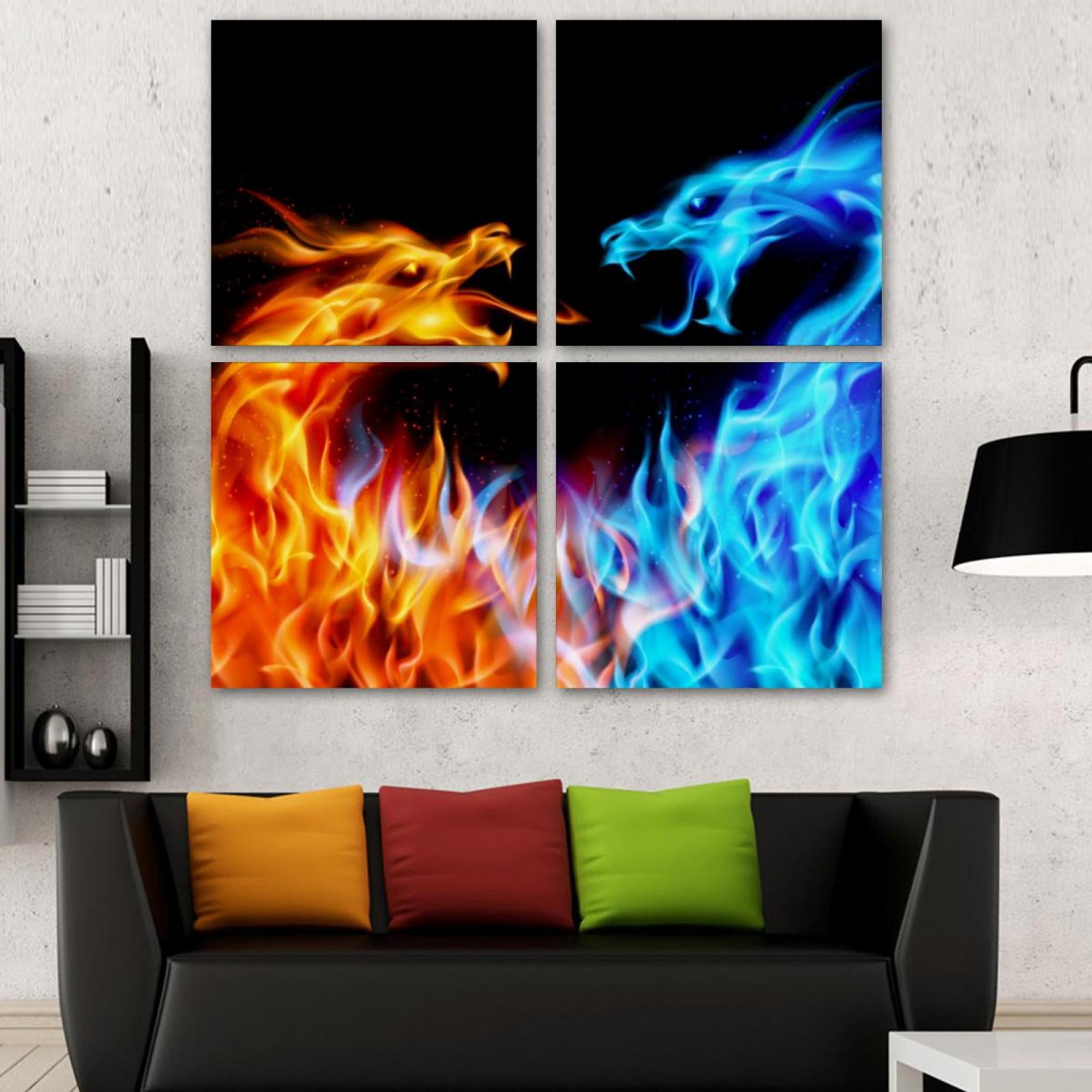 OWNSERIES Red Blue Fire Dragon Pattern 4PC Frameless Canvas Wall Art ...