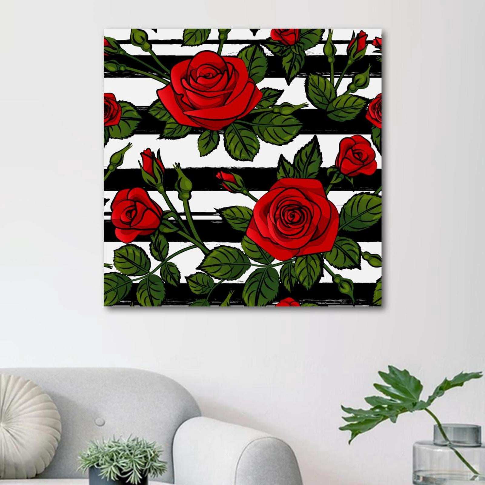 OWNSERIES Red Rose Flower Leaves Black White Stripe Pattern Canvas Wall ...