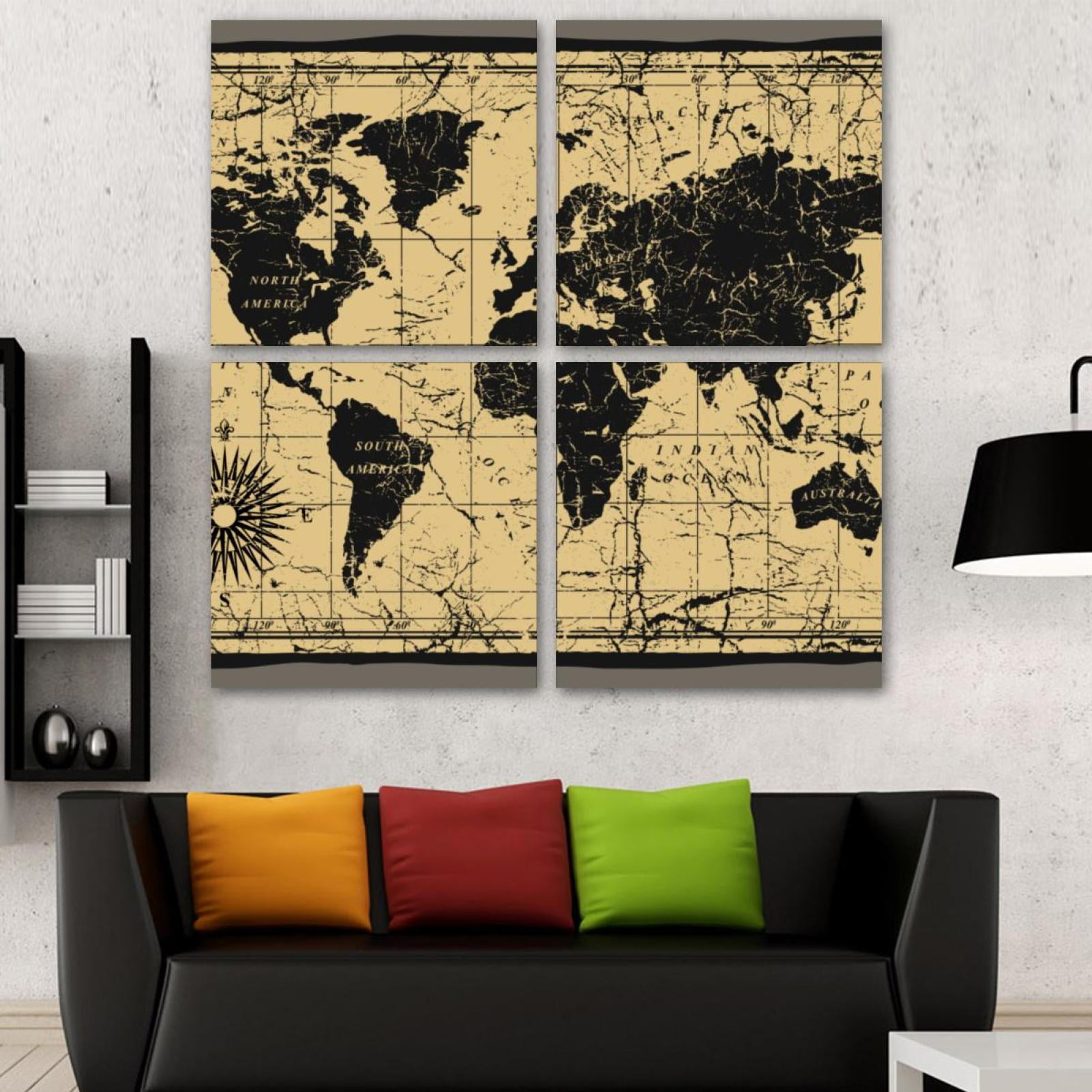 OWNSERIES Retro Old World Map Compass Pattern 4PC Frameless Canvas Wall ...