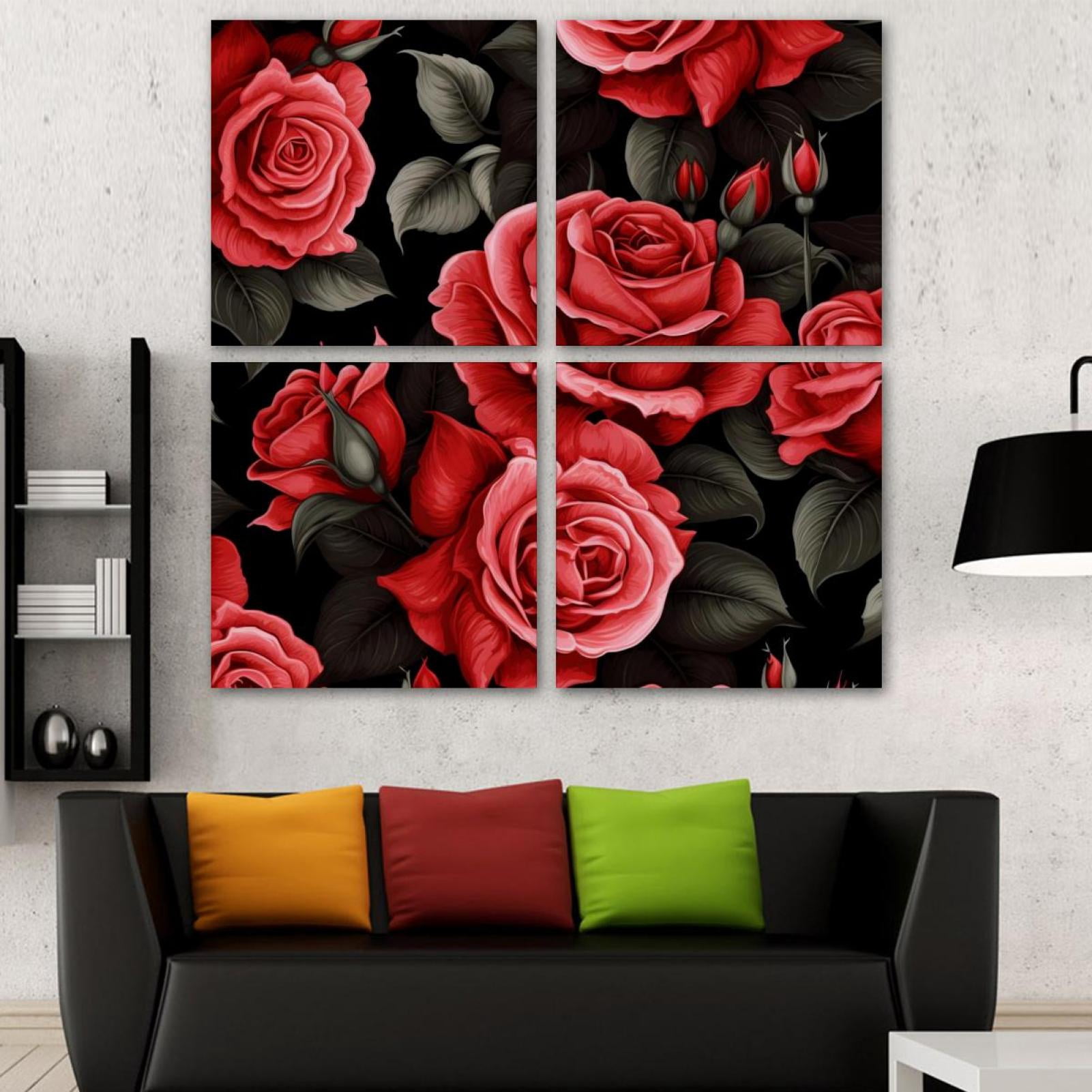 OWNSERIES Roses Flower Pattern Pattern 4PC Frameless Canvas Wall Art ...