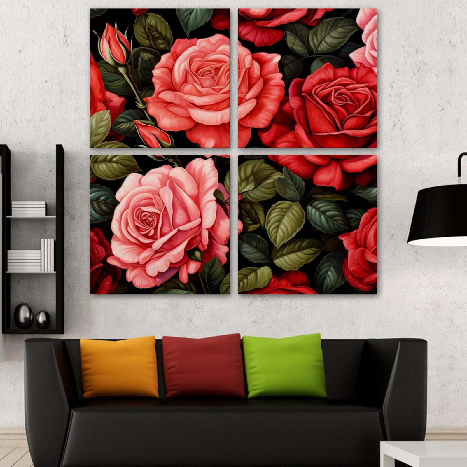 OWNSERIES Roses Flower Pattern Pattern 4PC Frameless Canvas Wall Art ...