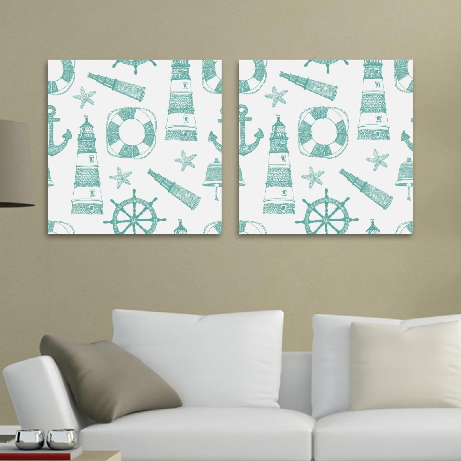 OWNSERIES Sea Blue Lighthouse Anchor Starfish Pattern 2PC Canvas Wall ...