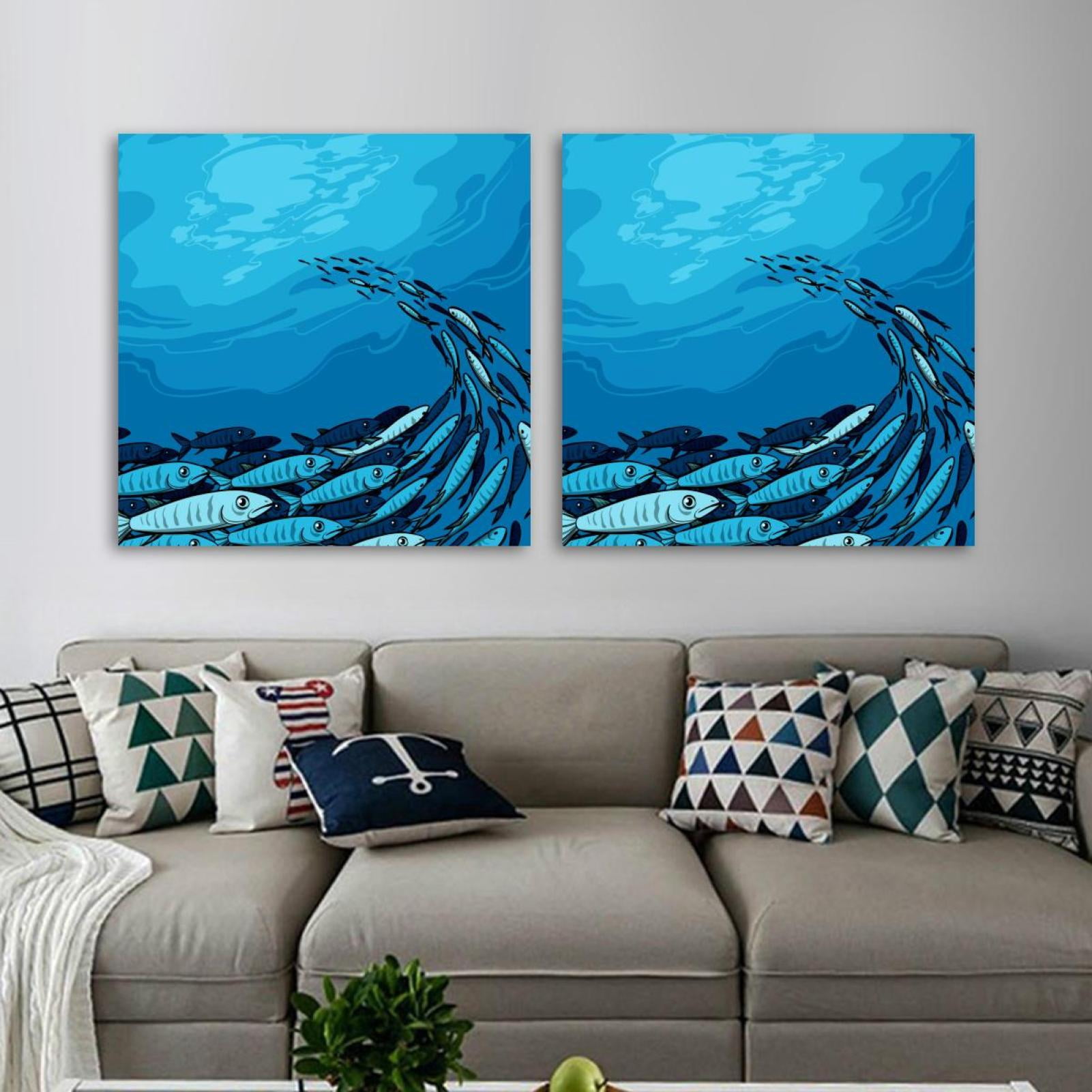 OWNSERIES Sea Fishes Blue Pattern 2PC Canvas Wall Art Paintings for ...