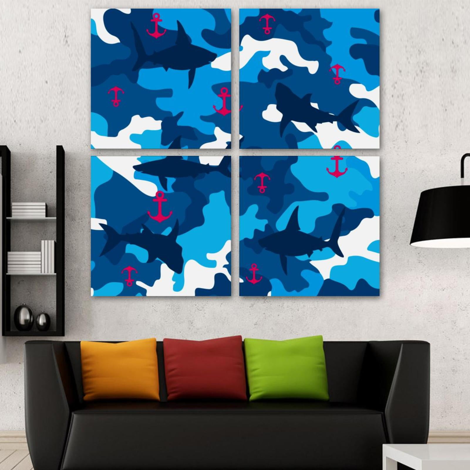 OWNSERIES Shark Camo Nautical Blue Pattern 4PC Frameless Canvas Wall ...