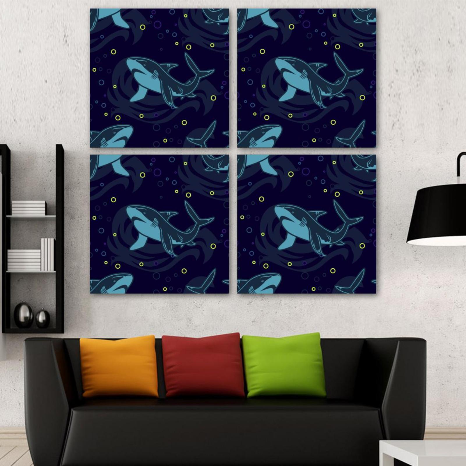 OWNSERIES Sharks Blue Pattern 4PC Frameless Canvas Wall Art Paintings ...