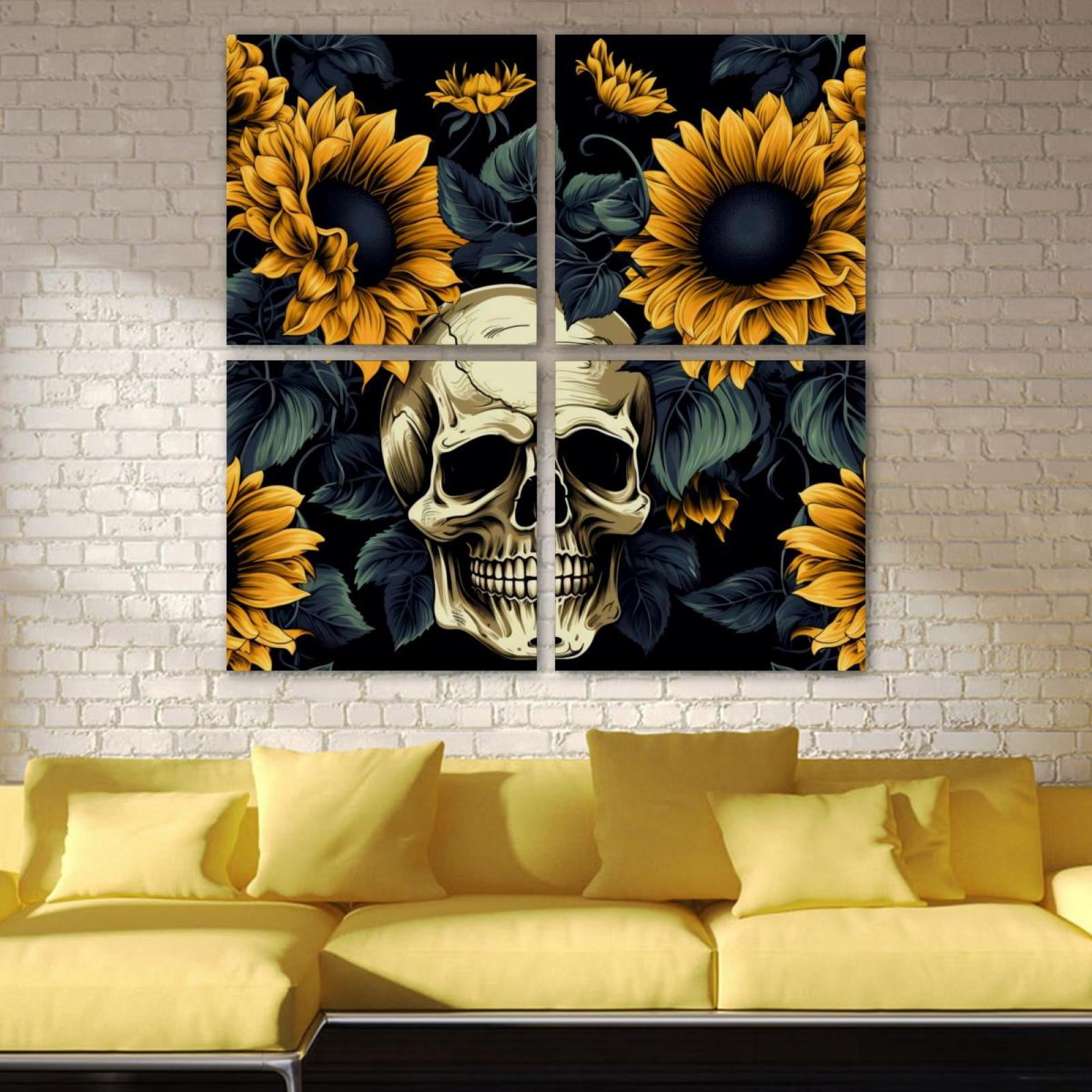 OWNSERIES Skeleton Among Sunflowers Pattern 4PC Frameless Canvas Wall ...