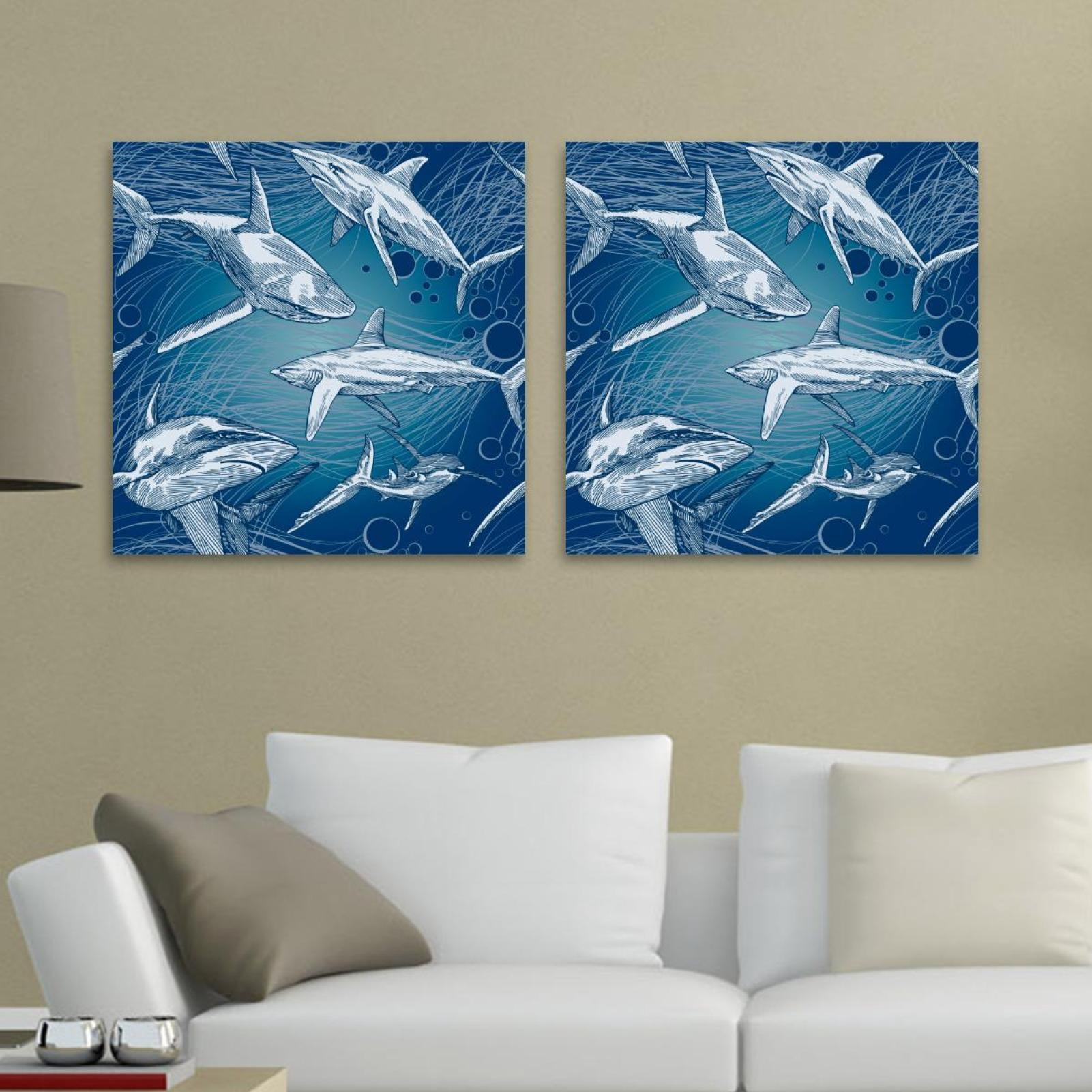OWNSERIES Sketch Shark Bubble Pattern 2PC Canvas Wall Art Paintings for ...