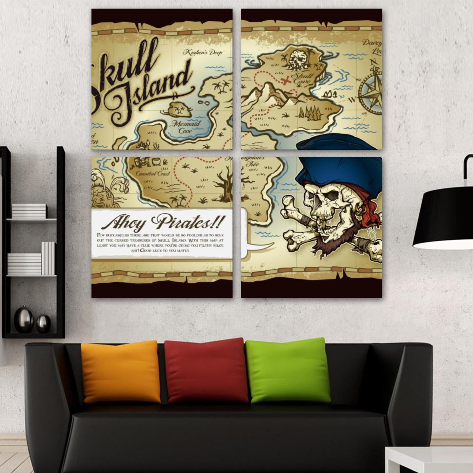 OWNSERIES Skull Island Treasure Map Pattern 4PC Frameless Canvas Wall ...