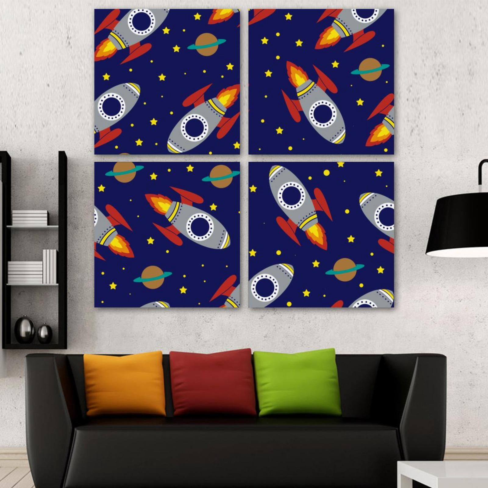 OWNSERIES Space Rocket Stars Pattern Pattern 4PC Frameless Canvas Wall ...