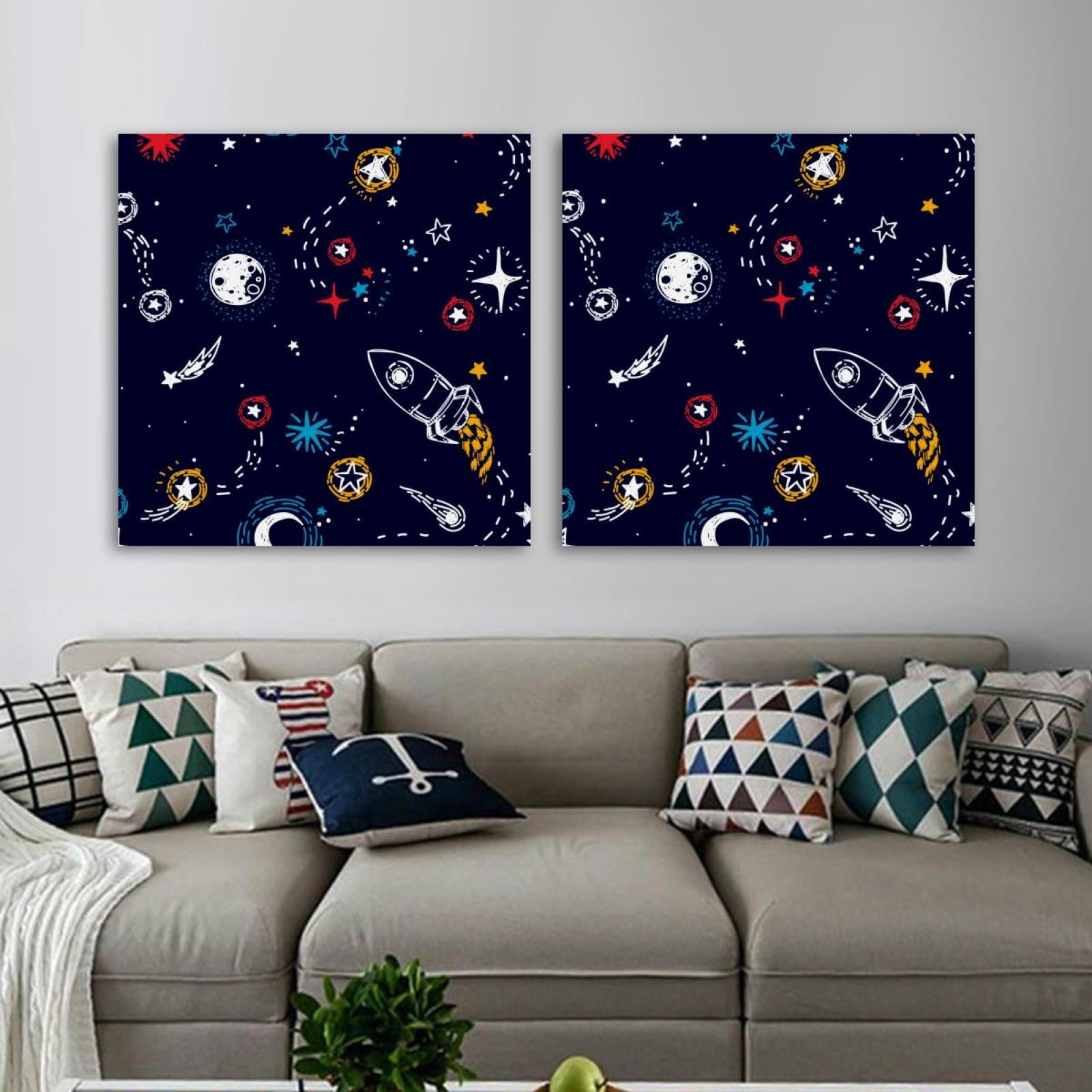 OWNSERIES Space Stars Rocket Planets Pattern 2PC Canvas Wall Art ...