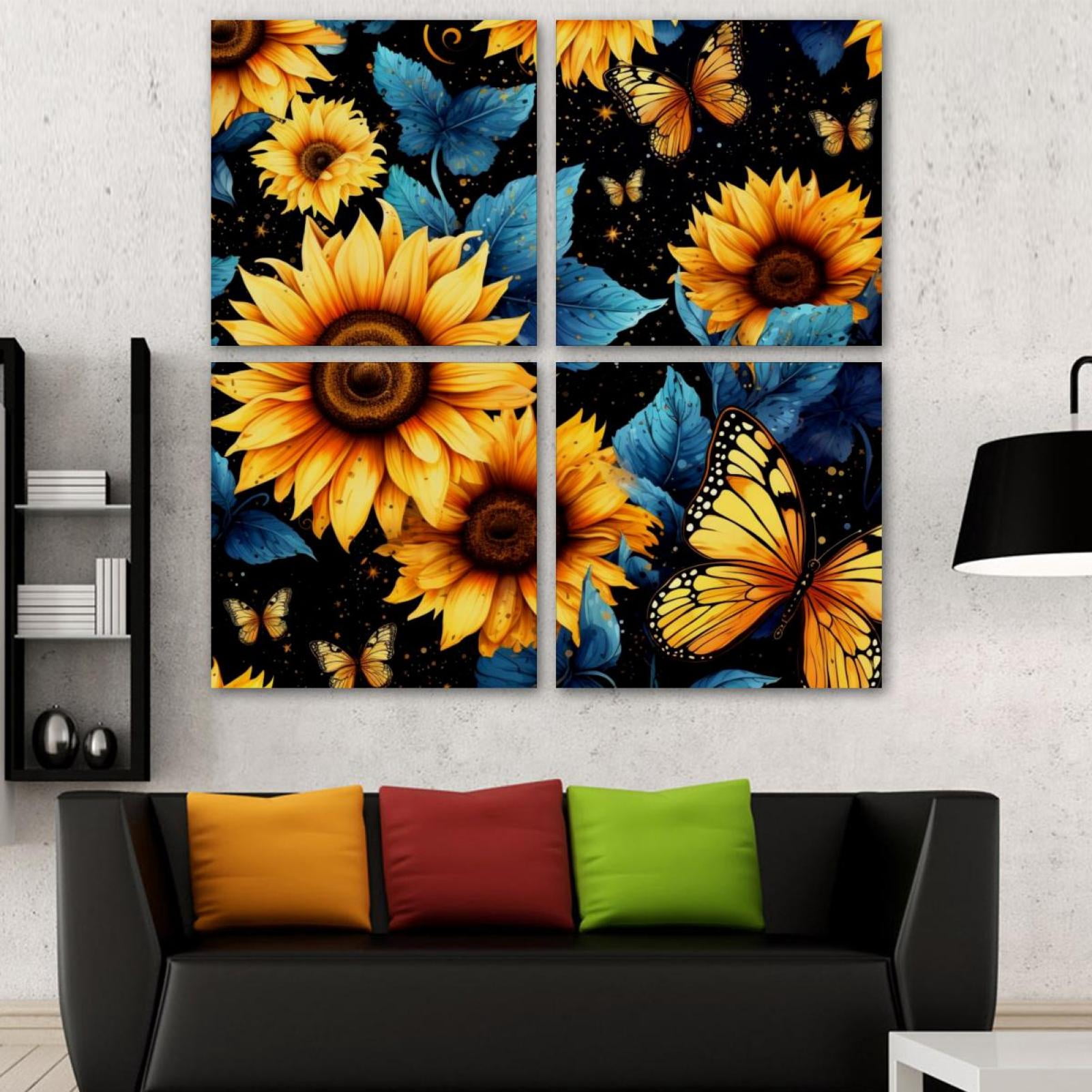 OWNSERIES Starry Sky Sunflower Butterfly Pattern 4PC Frameless Canvas ...