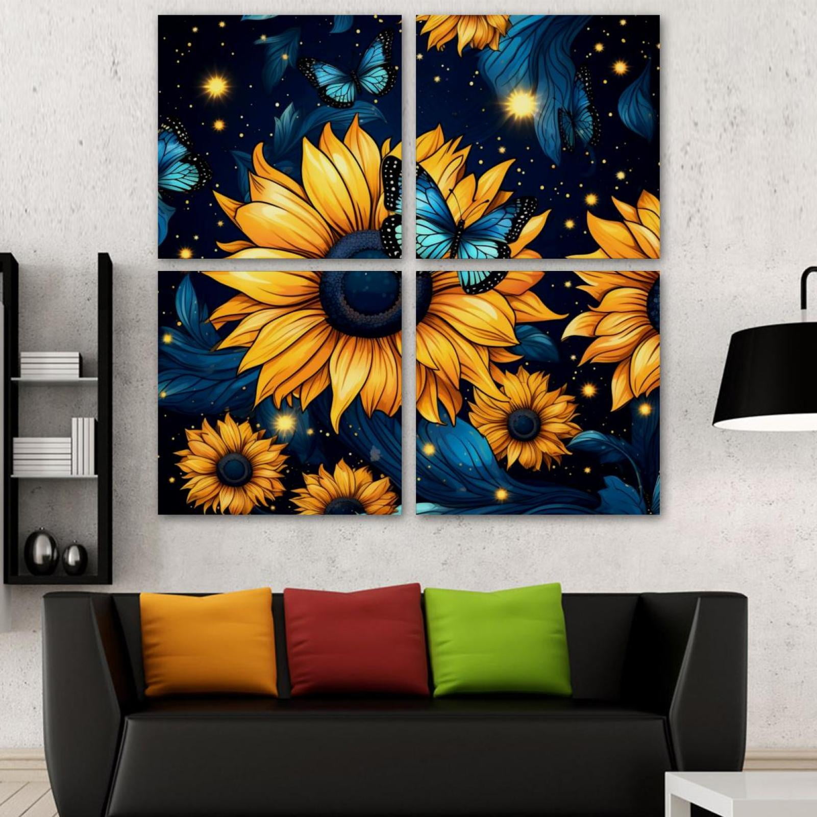 OWNSERIES Starry Sky Sunflower Butterfly Pattern 4PC Frameless Canvas ...