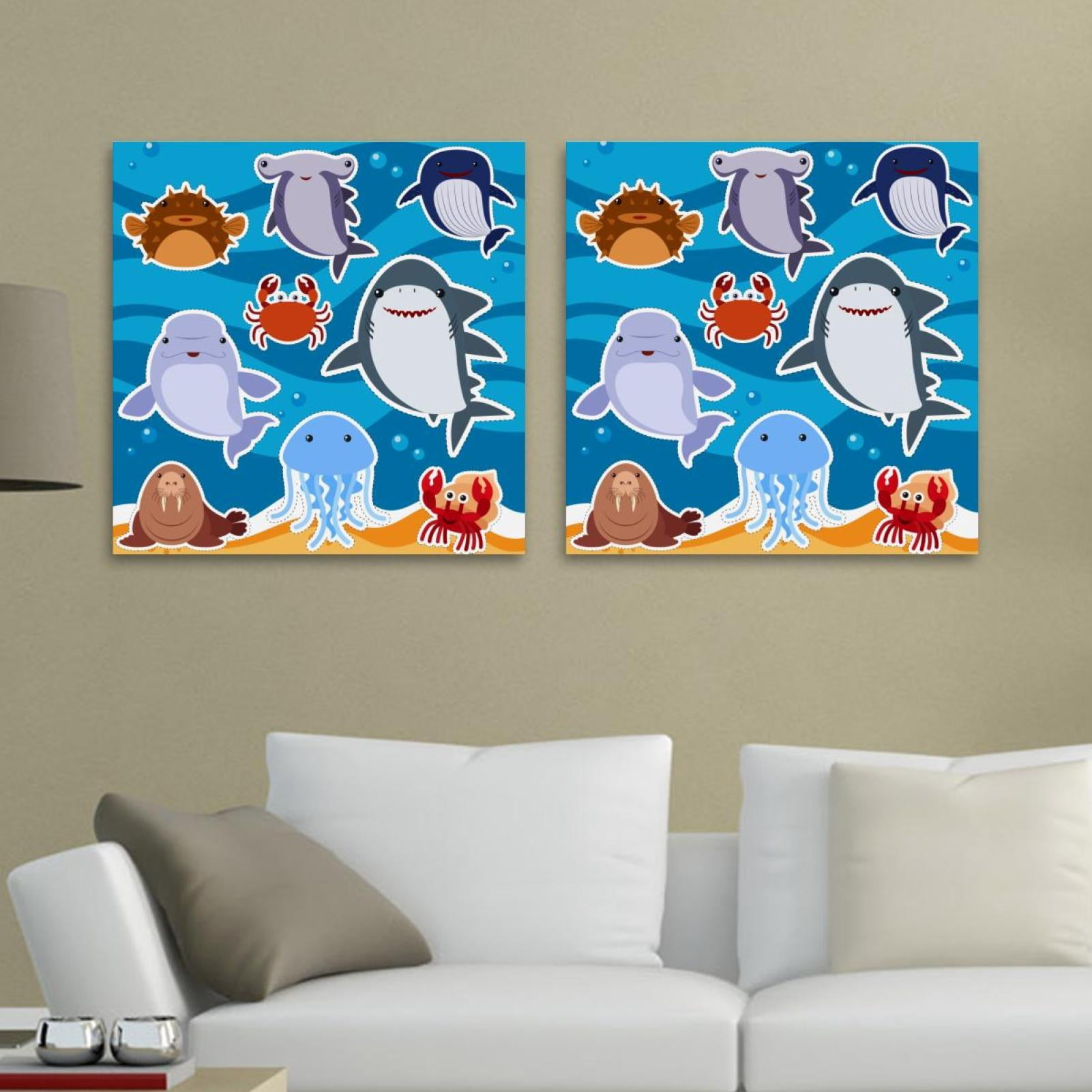 OWNSERIES Sticker Design with Cute Sea Animals Pattern 2PC Canvas Wall ...