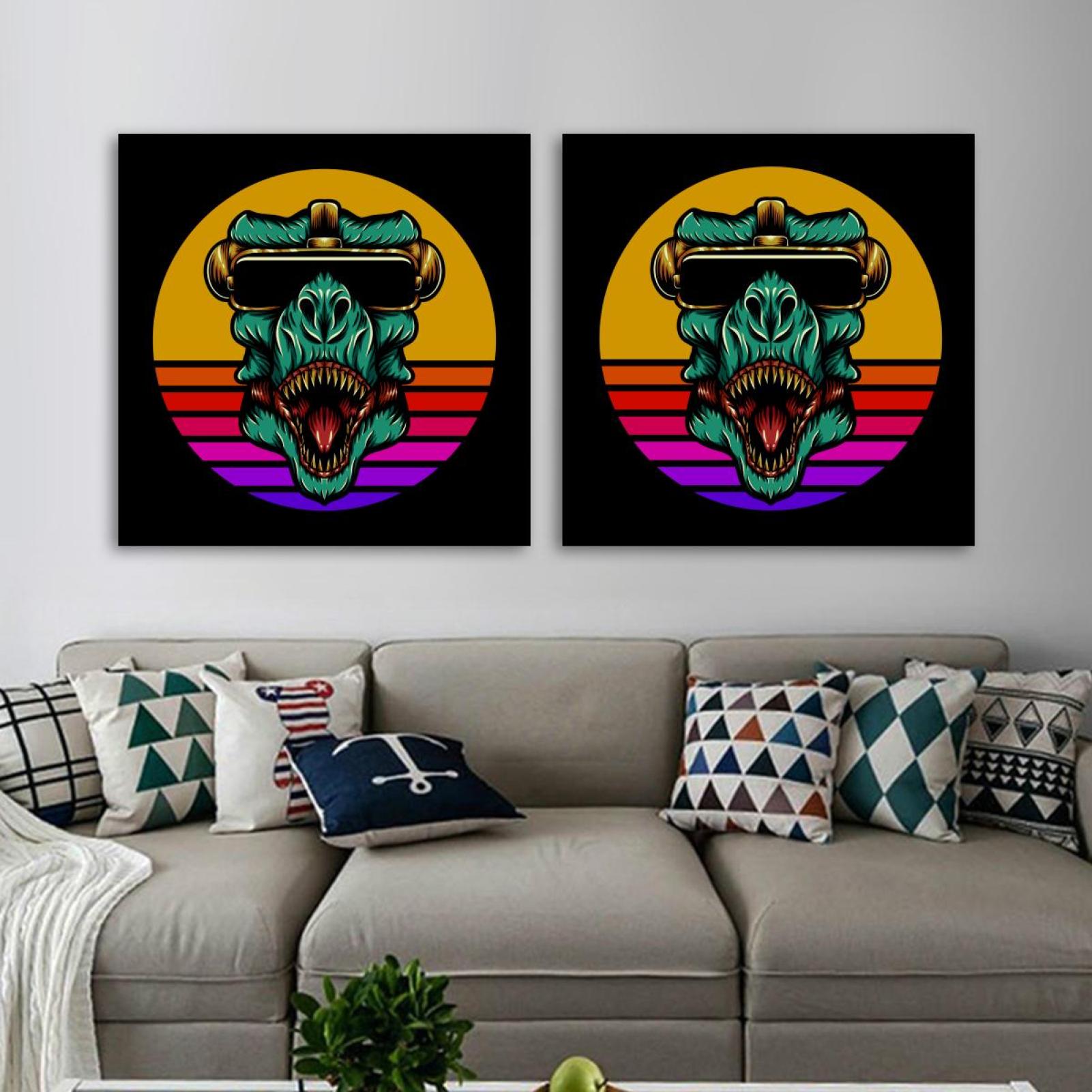 OWNSERIES T Rex Dinosaur in Front of Retro Sunset Pattern 2PC Canvas ...