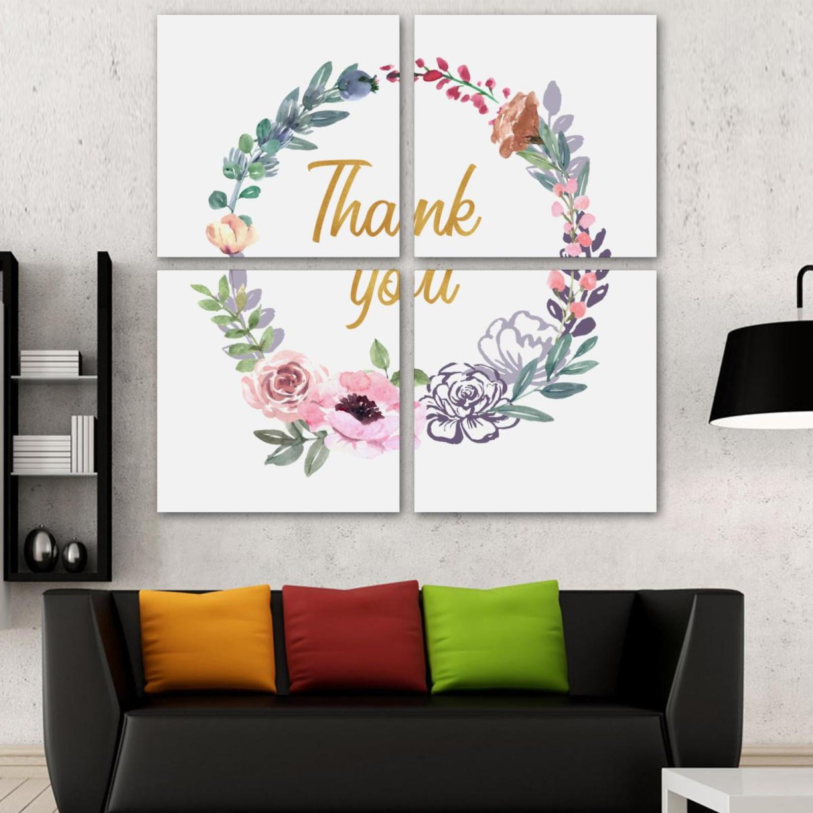 OWNSERIES Thank You Floral Wreath Pattern 4PC Frameless Canvas Wall Art ...