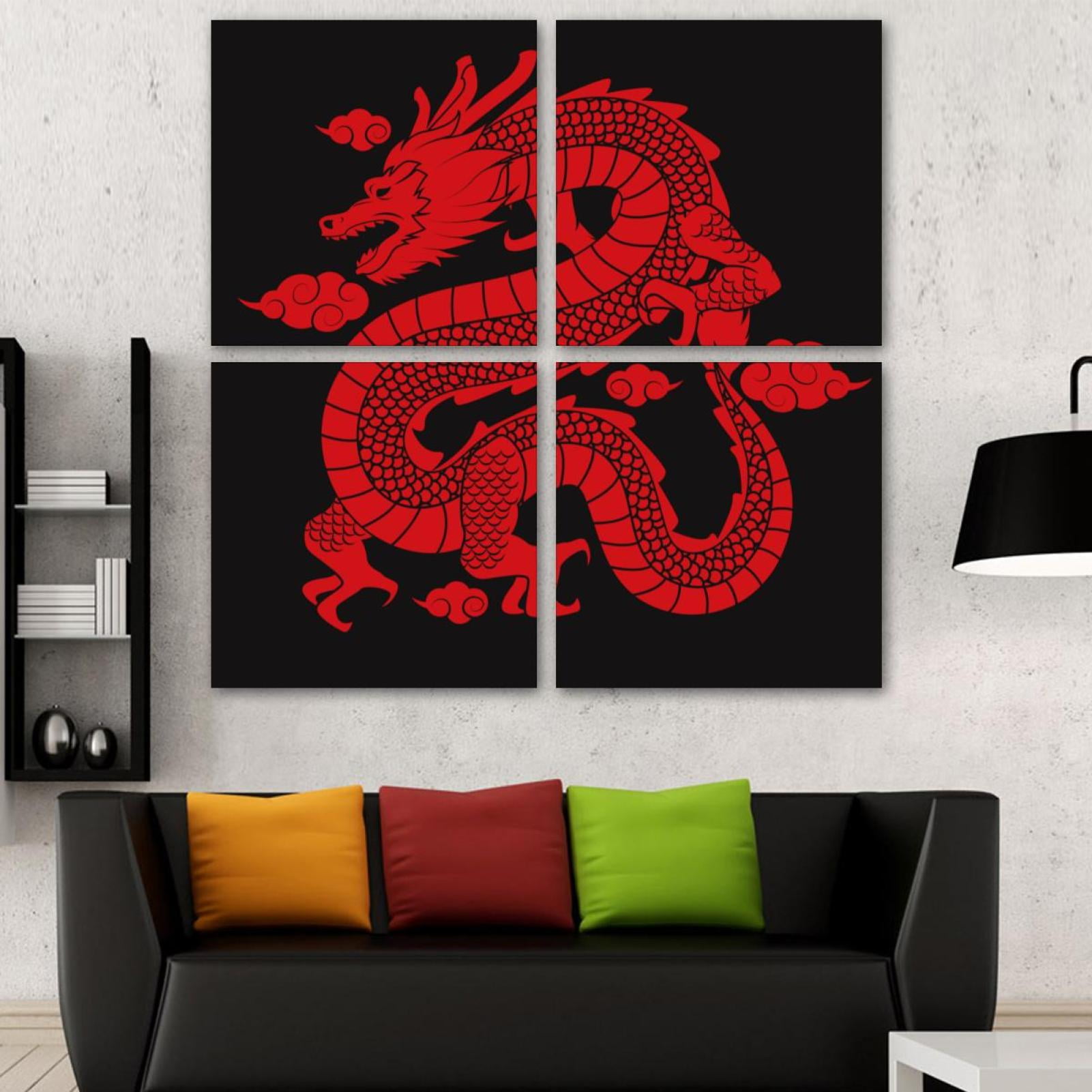 OWNSERIES Traditional Chinese Red Dragon Black Pattern 4PC Frameless ...