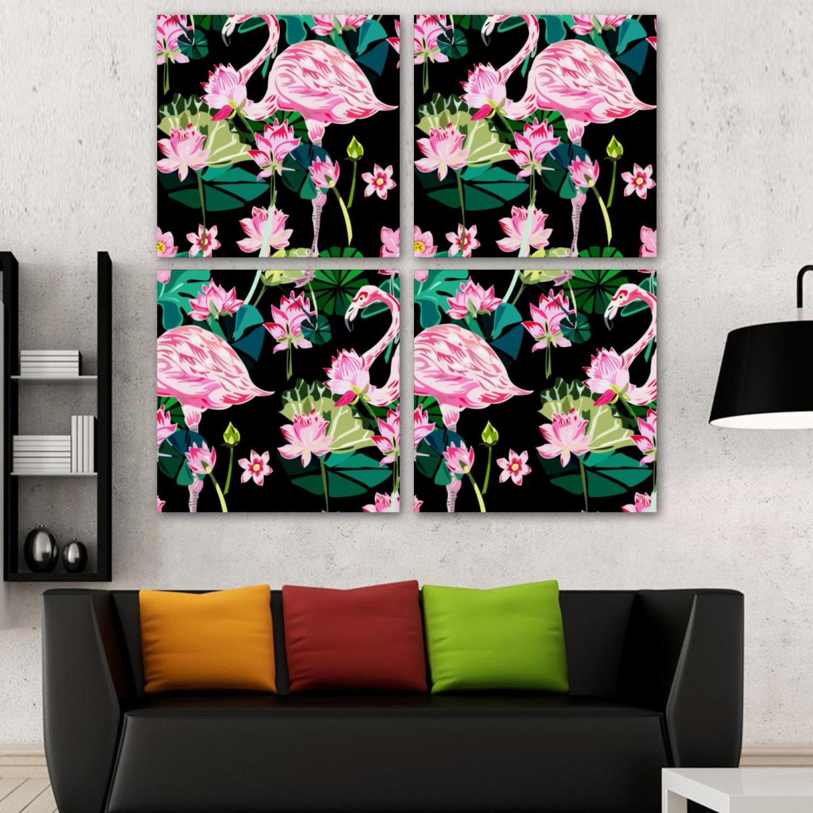 OWNSERIES Tropical Flamingo Black Pattern 4PC Frameless Canvas Wall Art Paintings for Living ...