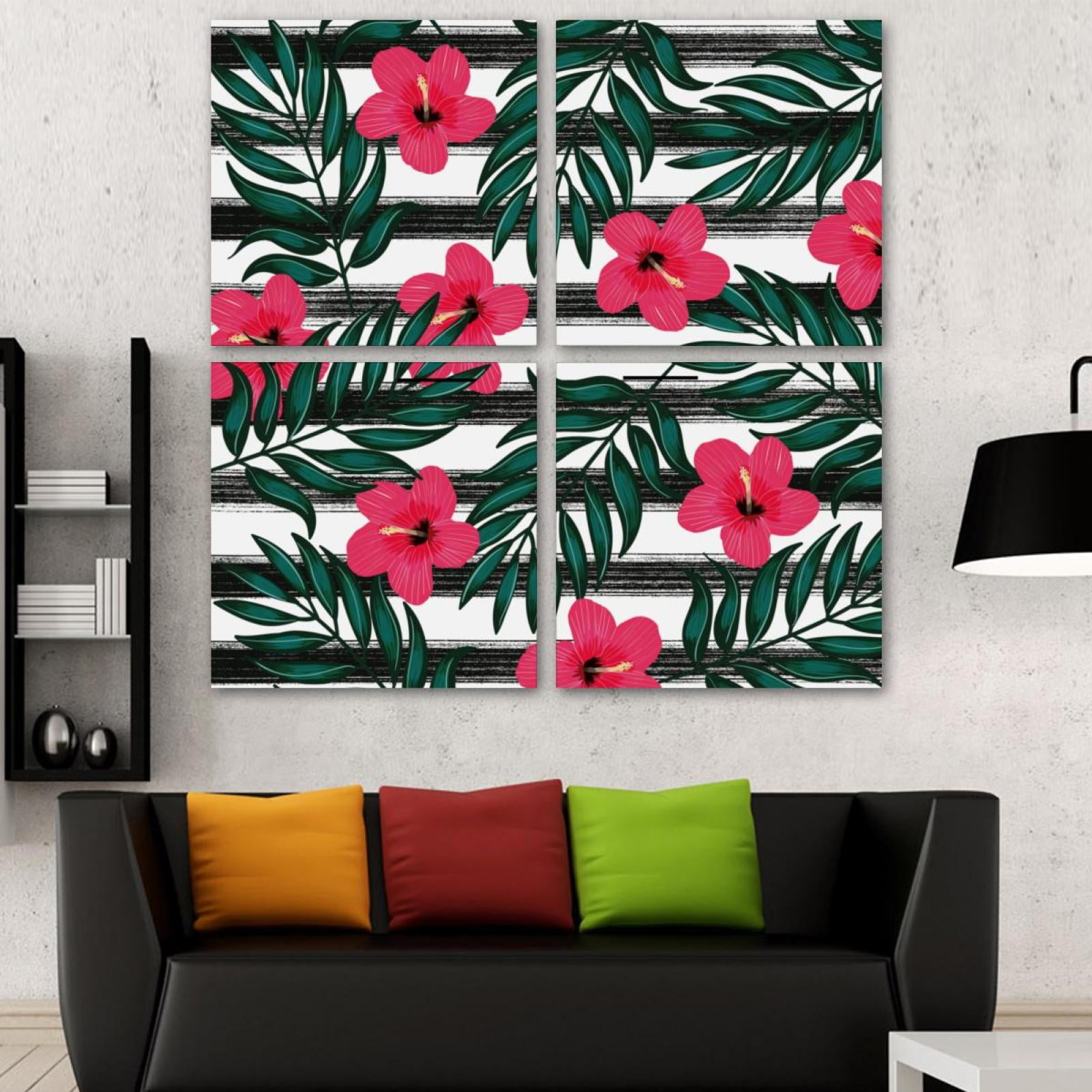 OWNSERIES Tropical Leaves Red Flowers Black Stripes Pattern 4PC Frameless Canvas Wall Art ...