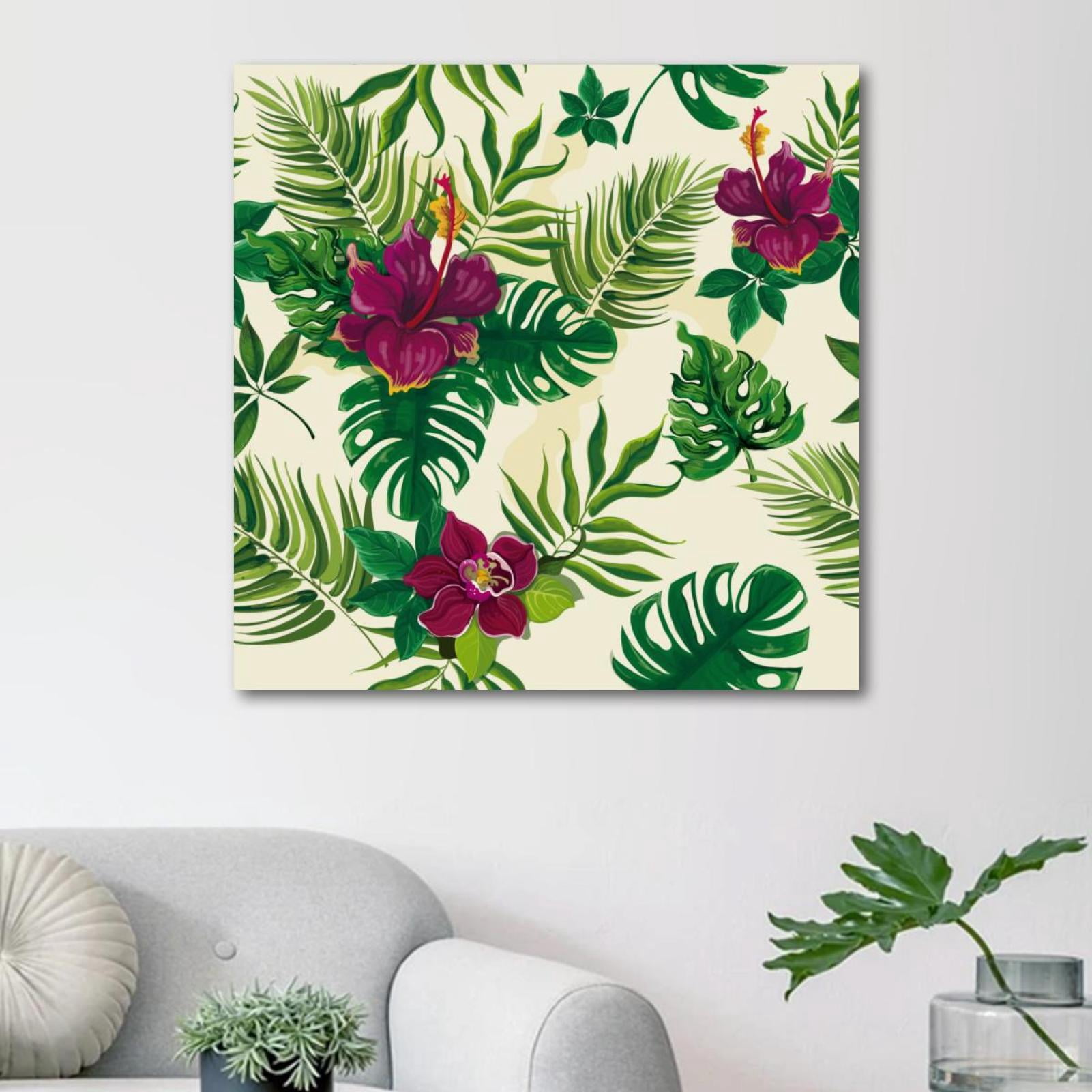 OWNSERIES Tropical Plants Rosy Flowers Leaves Pattern Canvas Wall Art ...