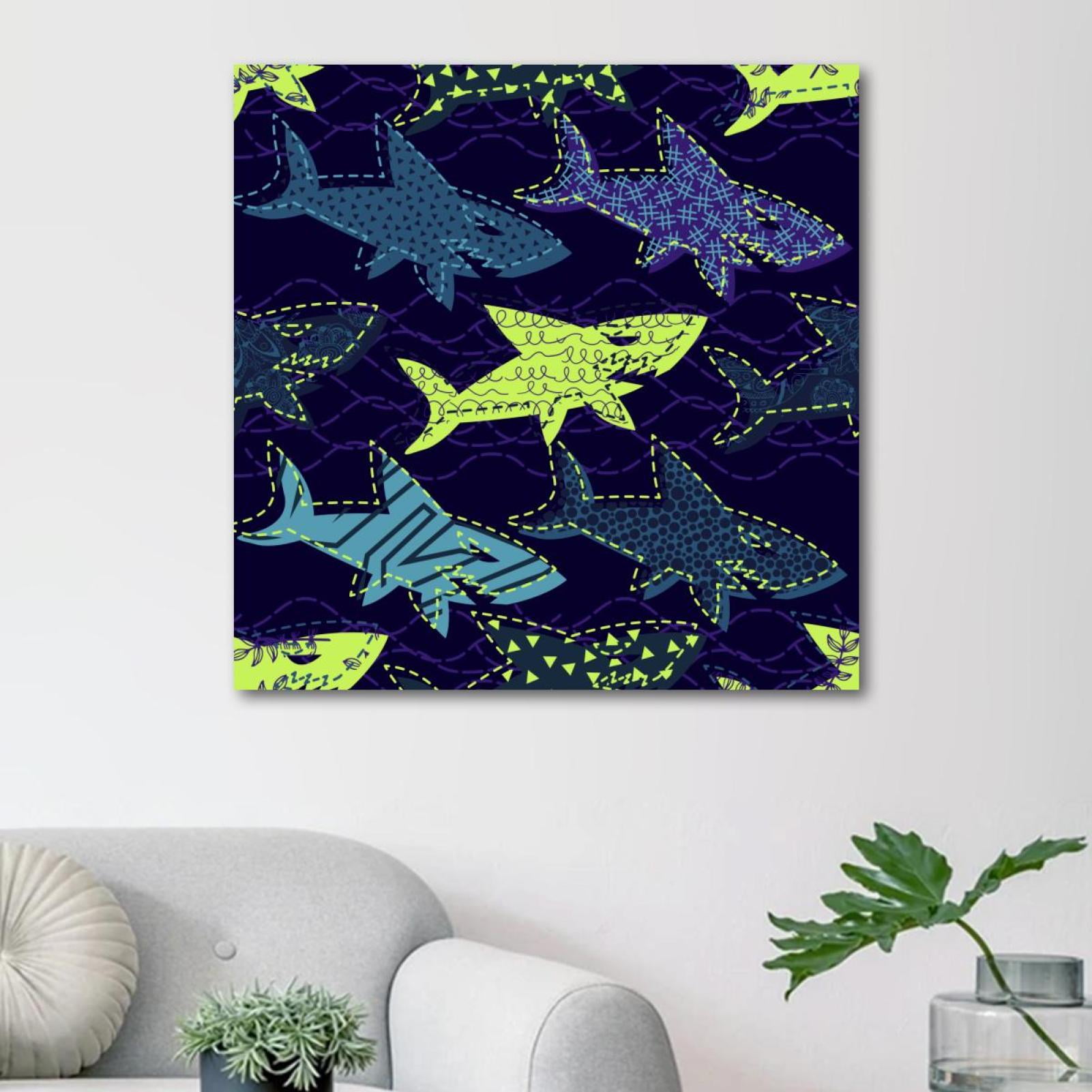 OWNSERIES Underwater Cartoon Shark Paint Navy Pattern Canvas Wall Art ...