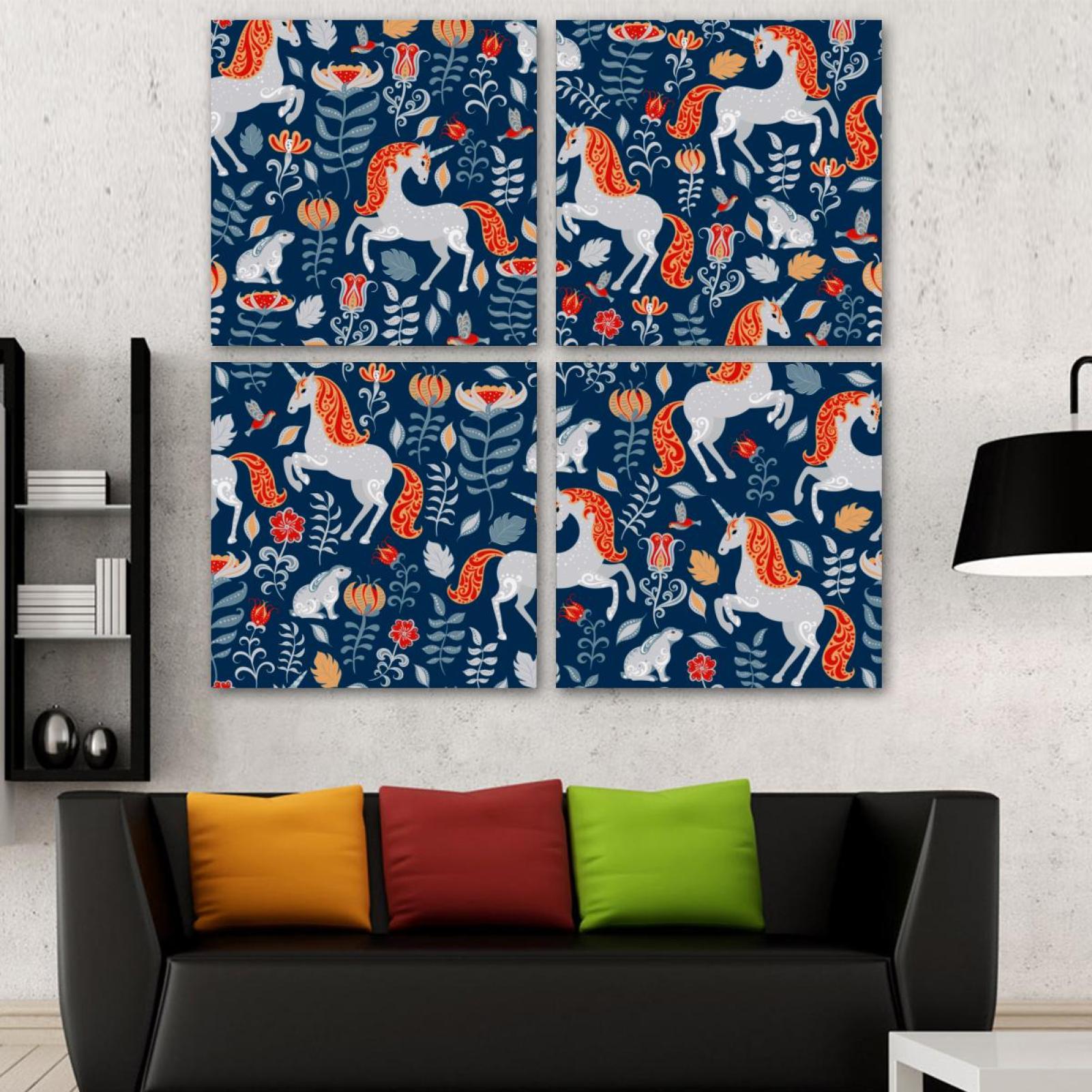 OWNSERIES Unicorn Horse Forest Rabbit Pattern Pattern 4PC Frameless Canvas Wall Art Paintings ...