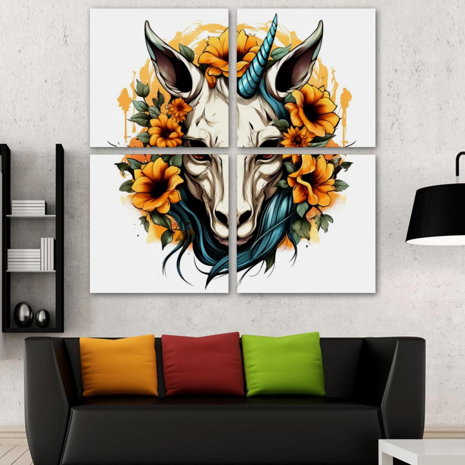 OWNSERIES Unicorn Skull Sunflower Pattern 4PC Frameless Canvas Wall Art ...