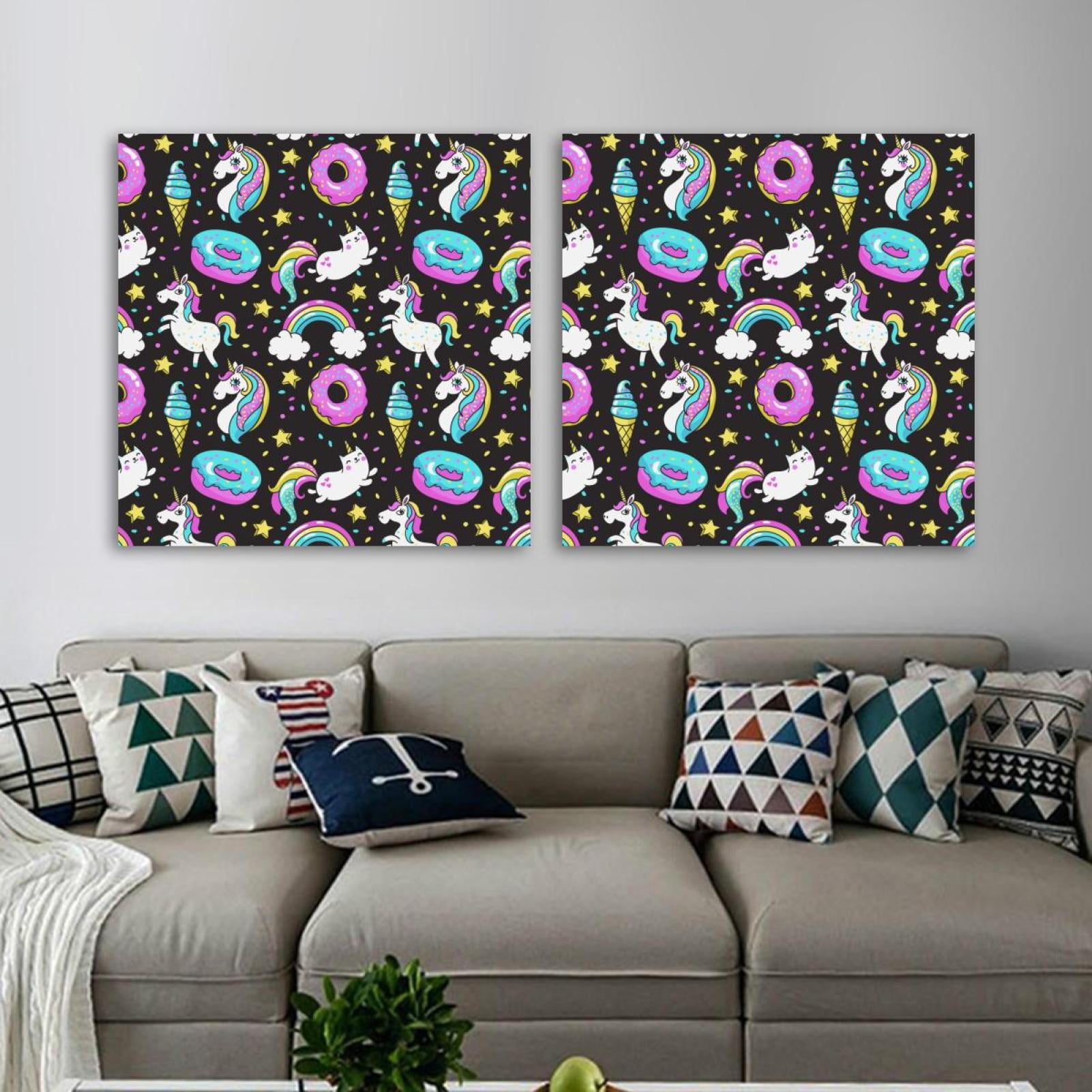OWNSERIES Unicorns Donuts Rainbow Pattern 2PC Canvas Wall Art Paintings ...