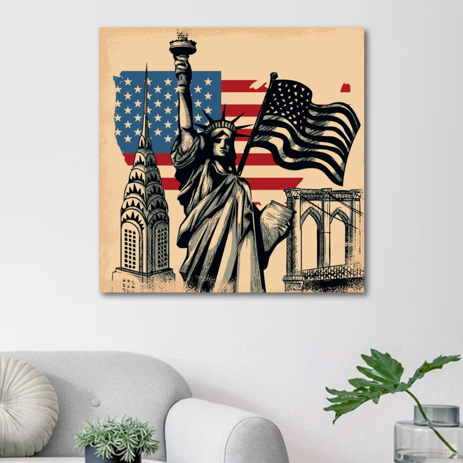 OWNSERIES Vintage American Map Statue of Liberty Pattern Canvas Wall ...