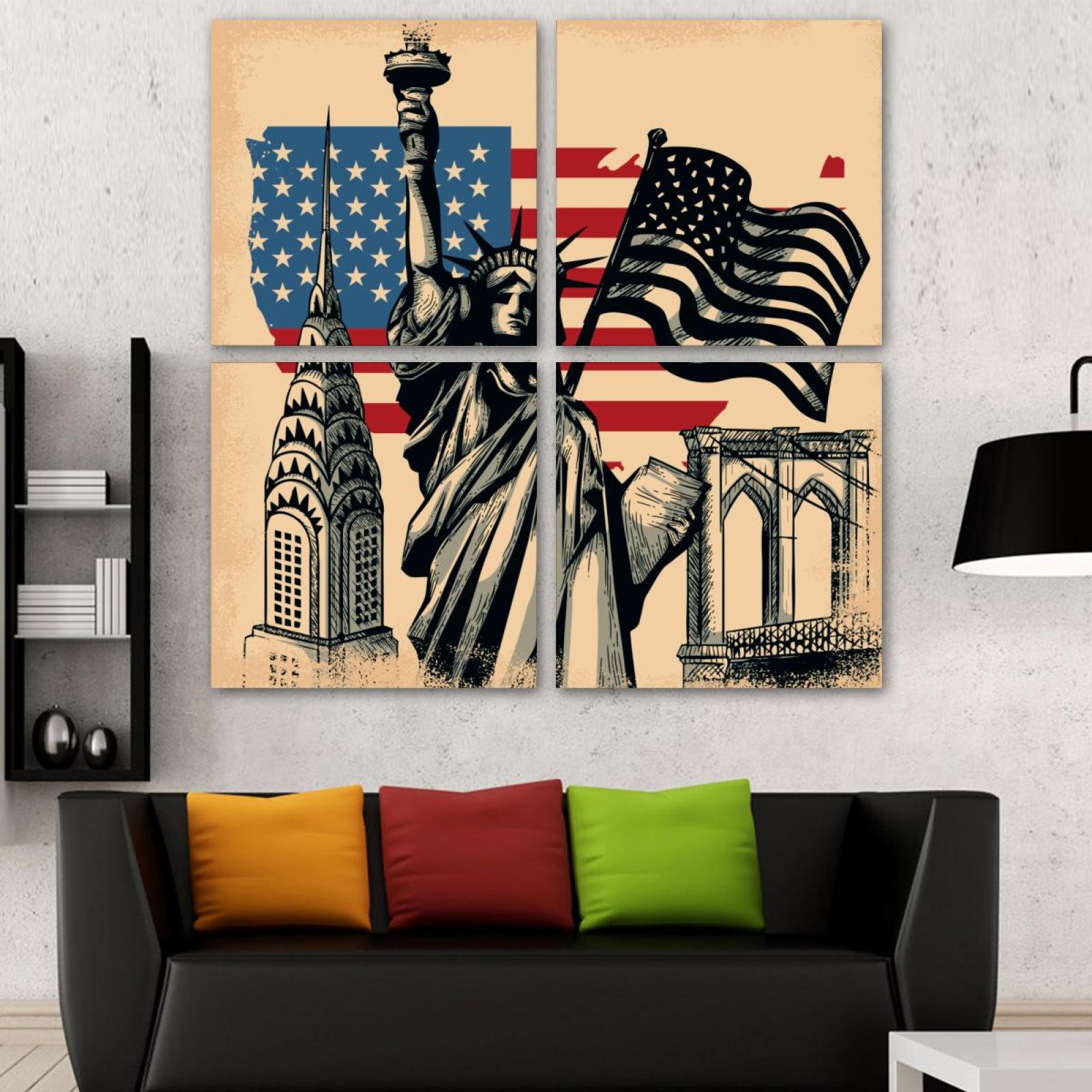 OWNSERIES Vintage American Map Statue of Liberty Pattern 4PC Frameless ...