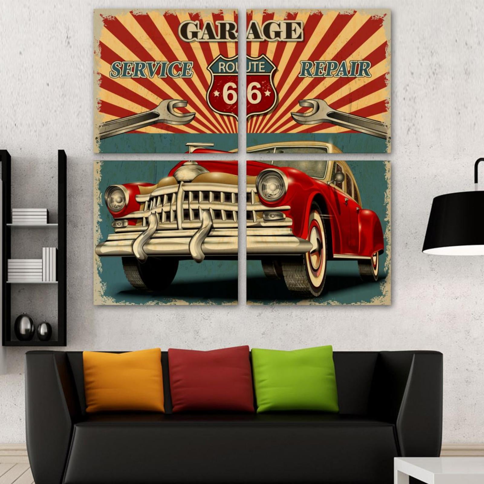OWNSERIES Vintage Retro Garage Car Pattern 4PC Frameless Canvas Wall ...
