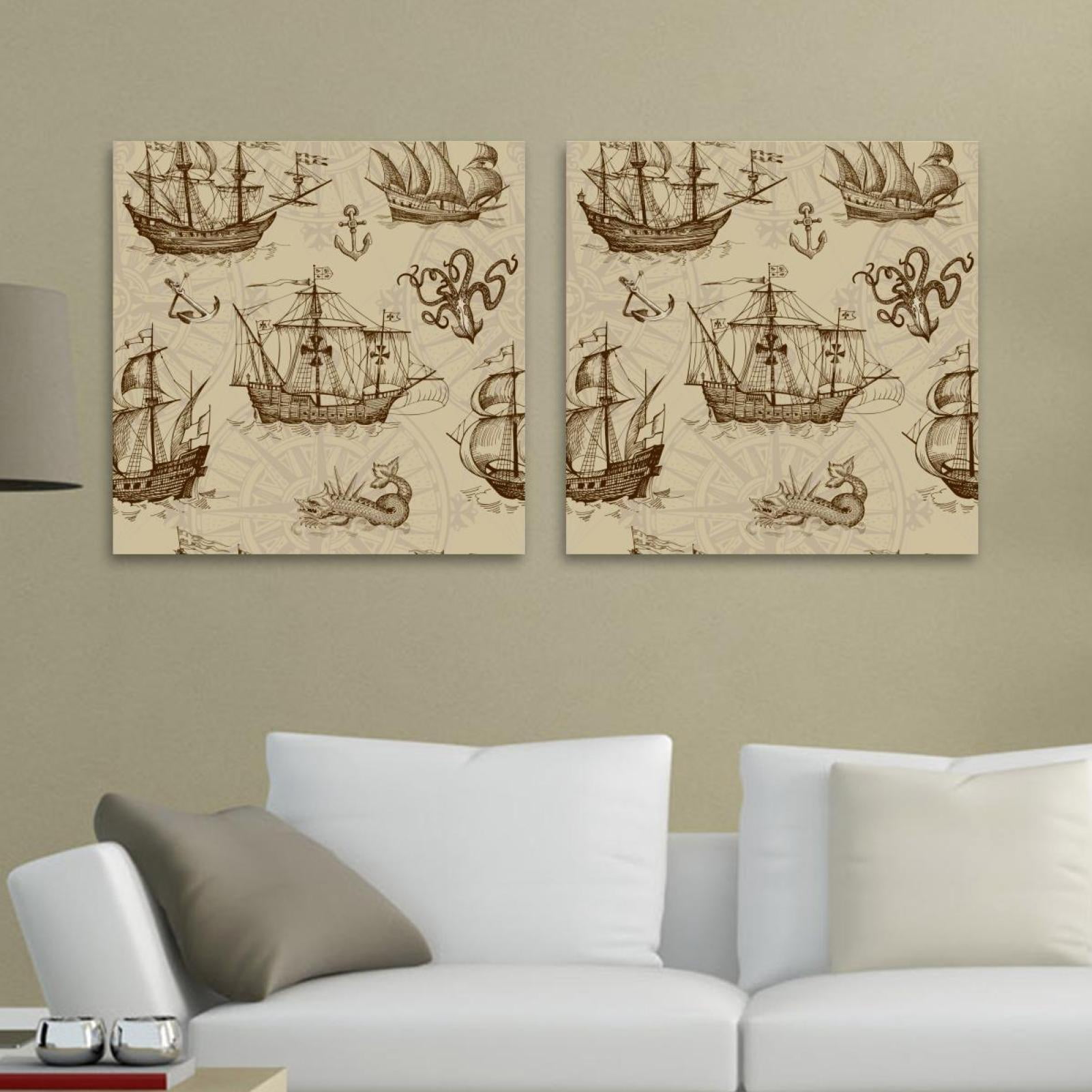 OWNSERIES Vintage Sailboat Old Pattern 2PC Canvas Wall Art Paintings ...