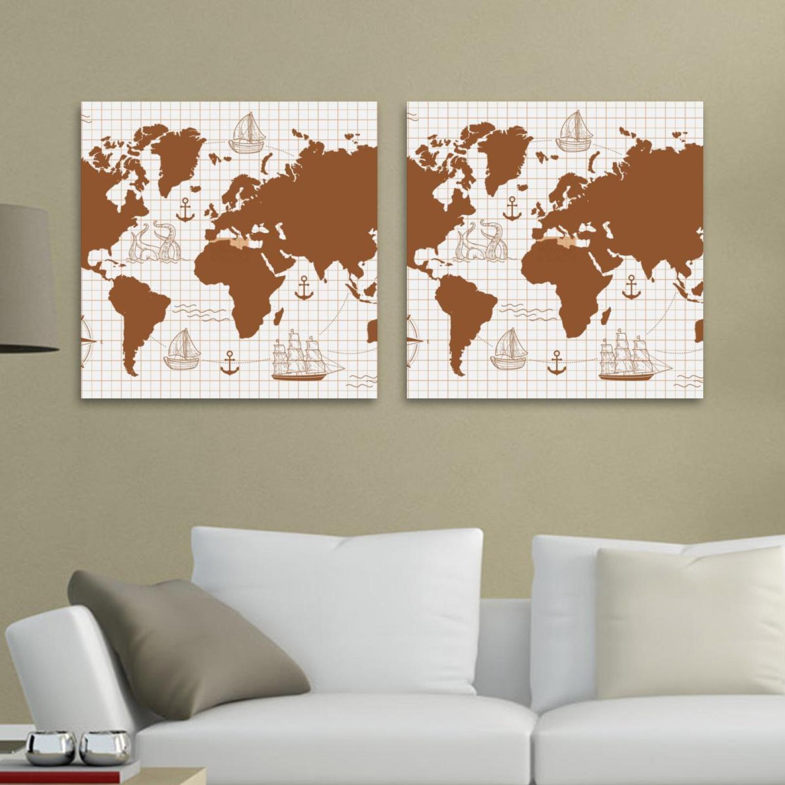 OWNSERIES Vintage World Map Pattern 2PC Canvas Wall Art Paintings for ...