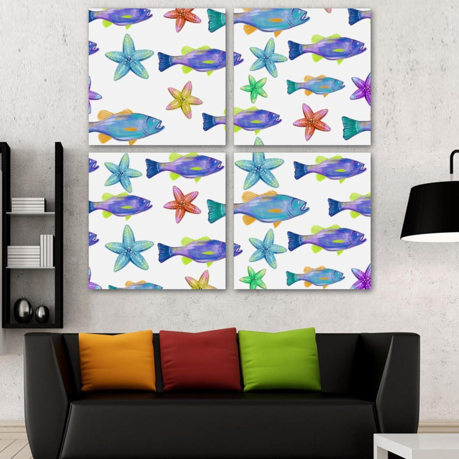OWNSERIES Watercolor Bass Fish Background Pattern 4PC Frameless Canvas ...