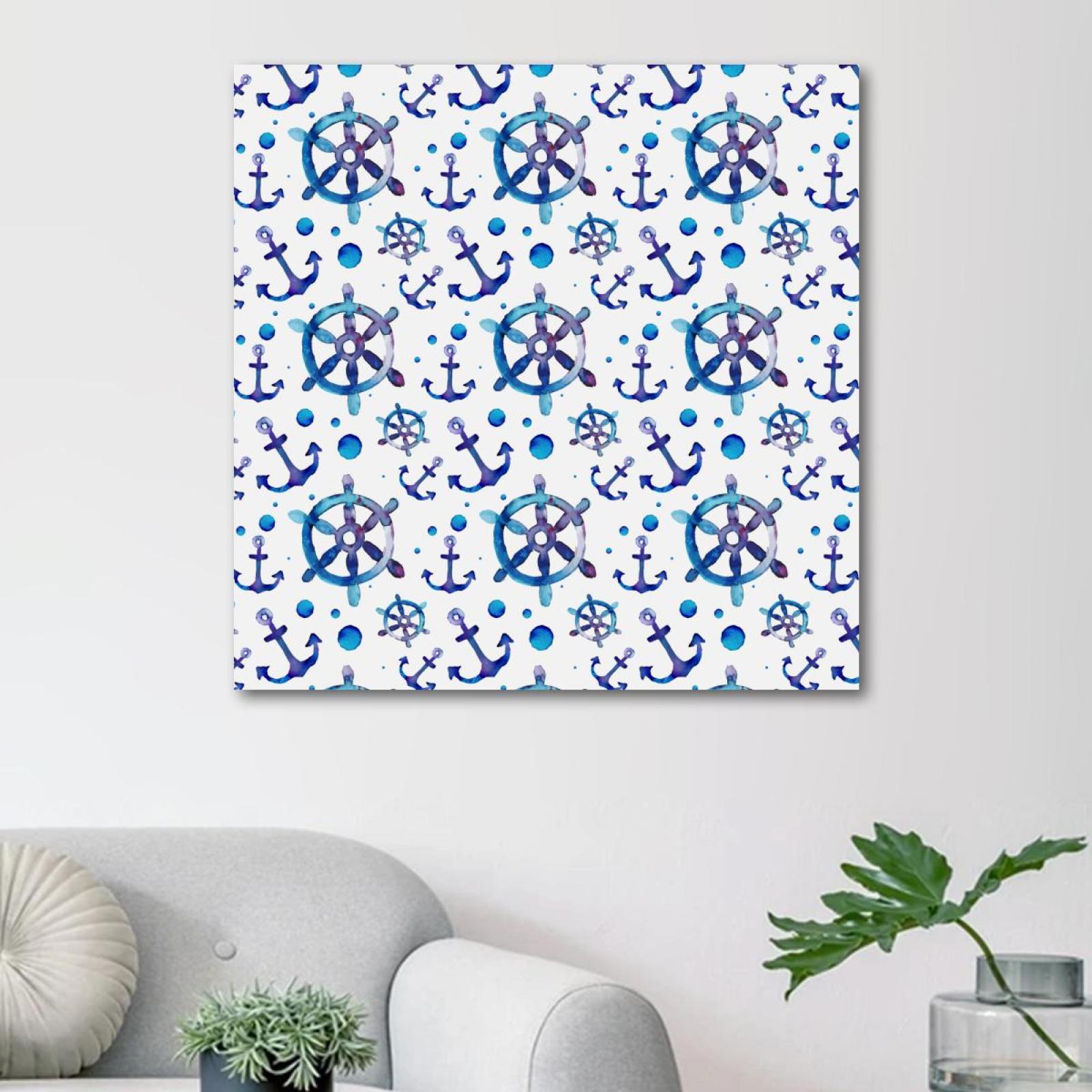 OWNSERIES Watercolor Blue Rudder Anchor Pattern Canvas Wall Art ...