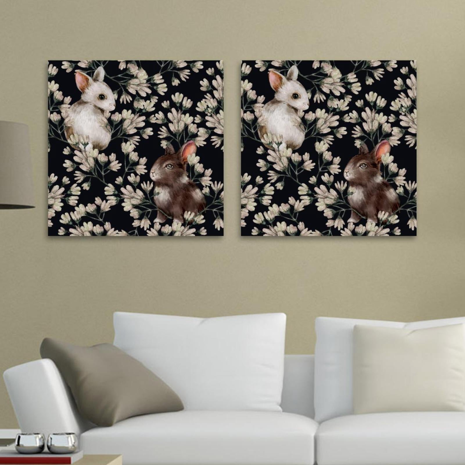 OWNSERIES Watercolor Rabbit Bunny White Flowers Pattern 2PC Canvas Wall ...
